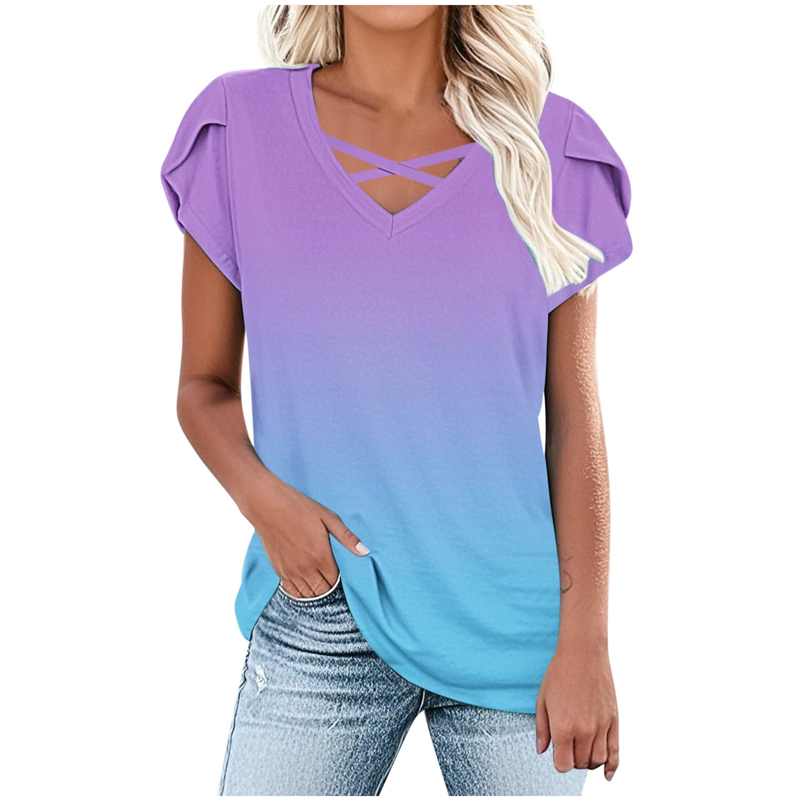 Charella Tops for Women Trendy Cross V Neck Petal Short Sleeve Shirts ...