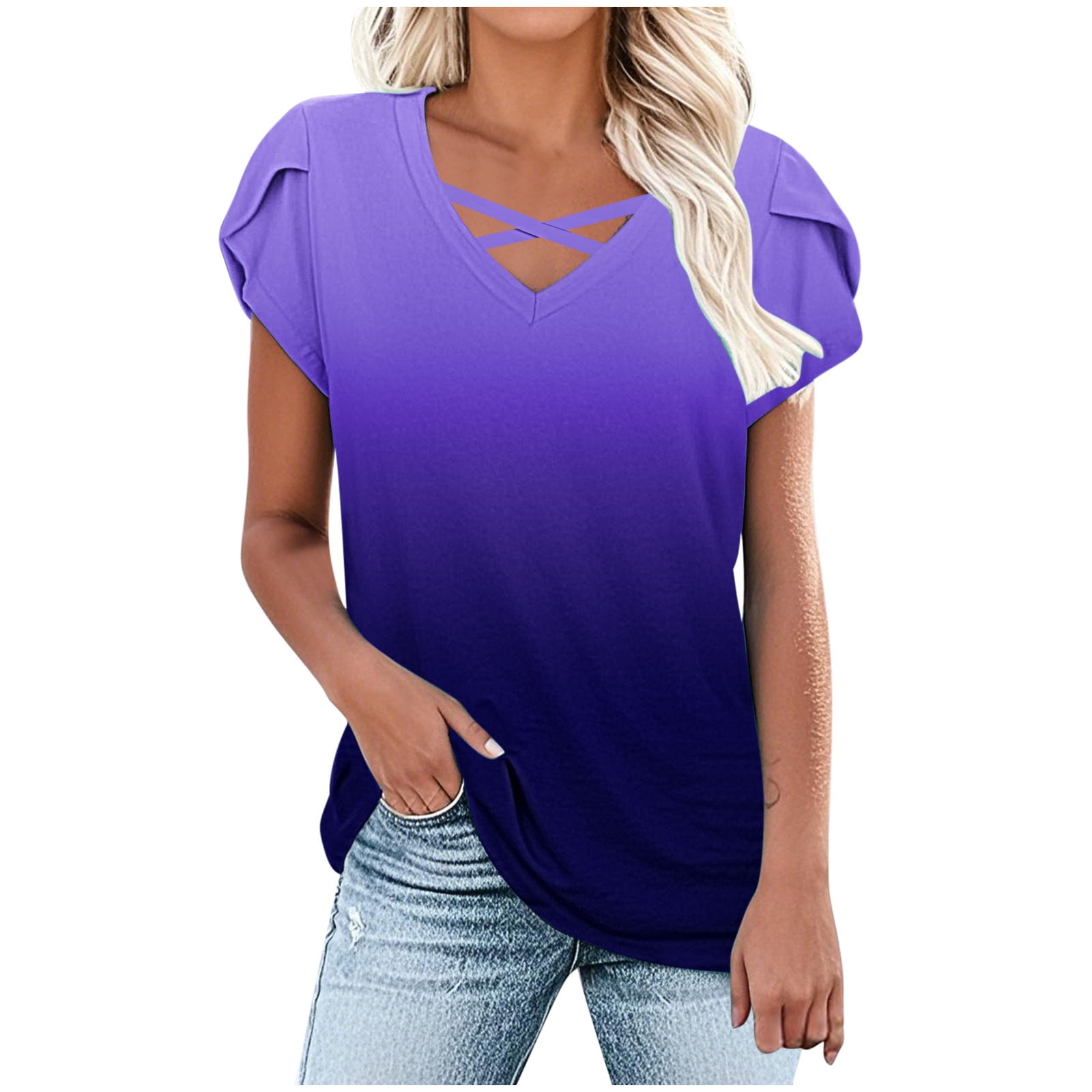 Charella Tops for Women Trendy Cross V Neck Petal Short Sleeve Shirts ...