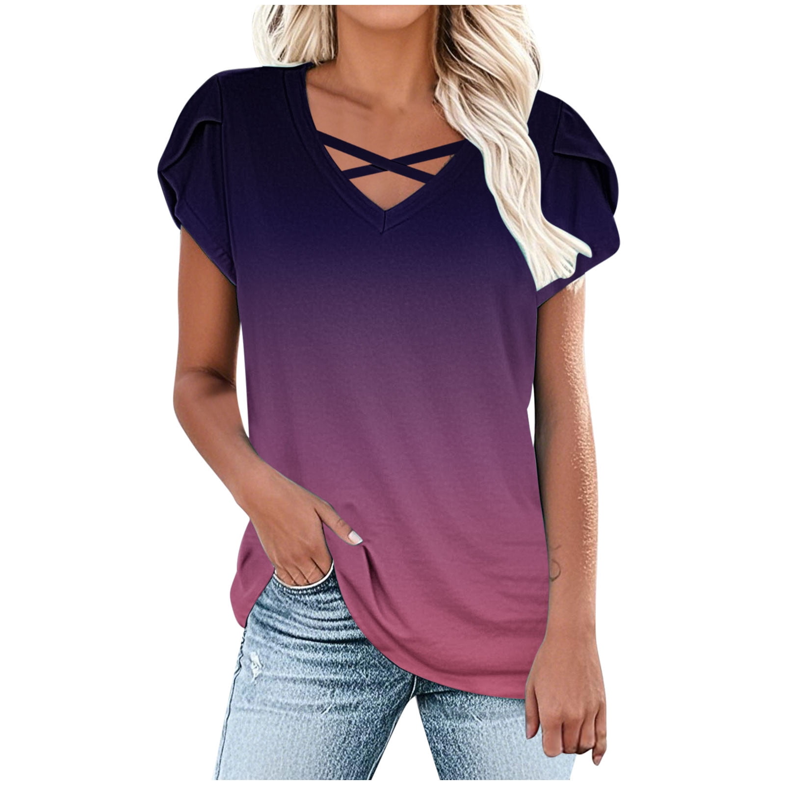 Charella Tops for Women Trendy Cross V Neck Petal Short Sleeve Shirts ...