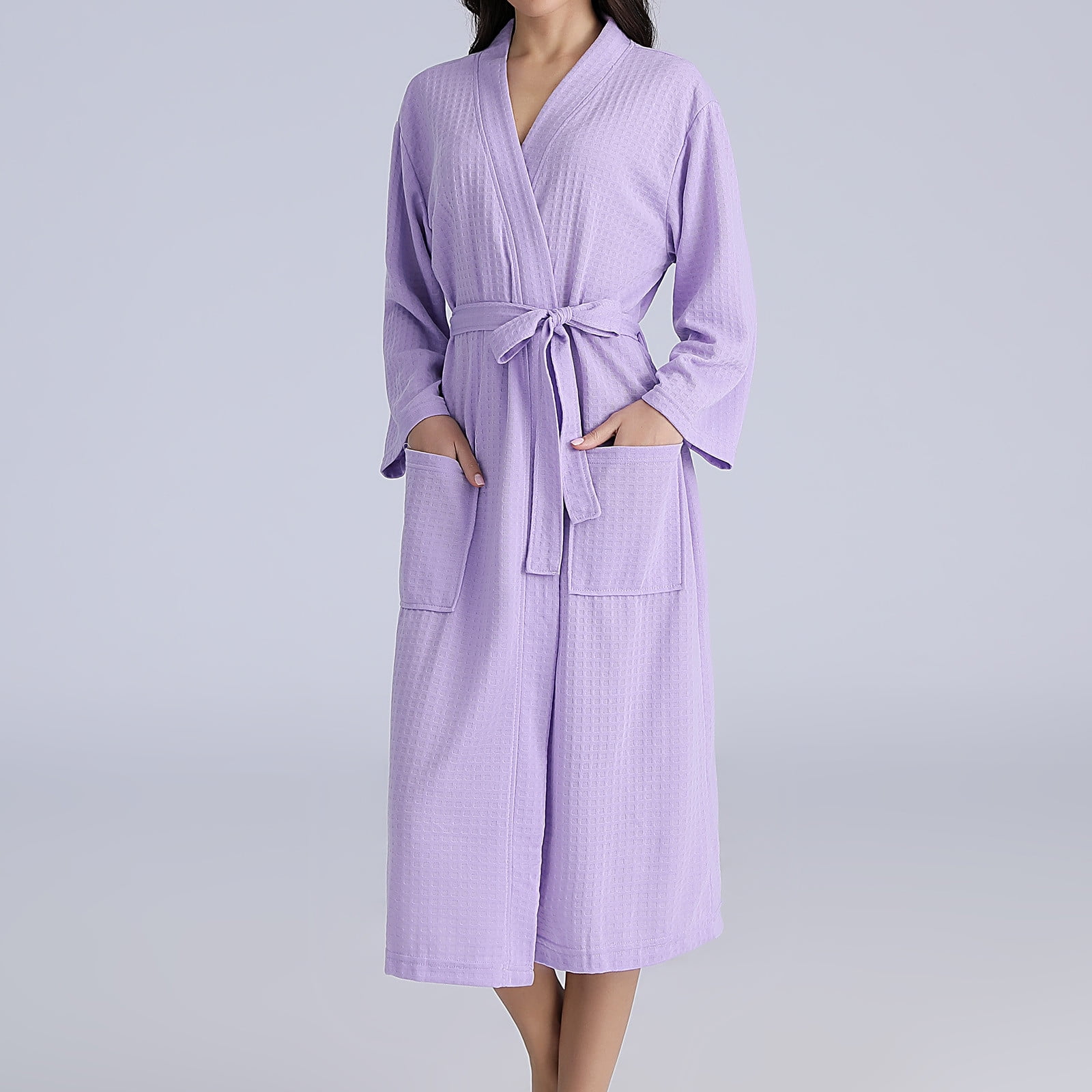 Charella Women Waffle Robe V-neck Bathrobe Nightgown Sleepwear with ...