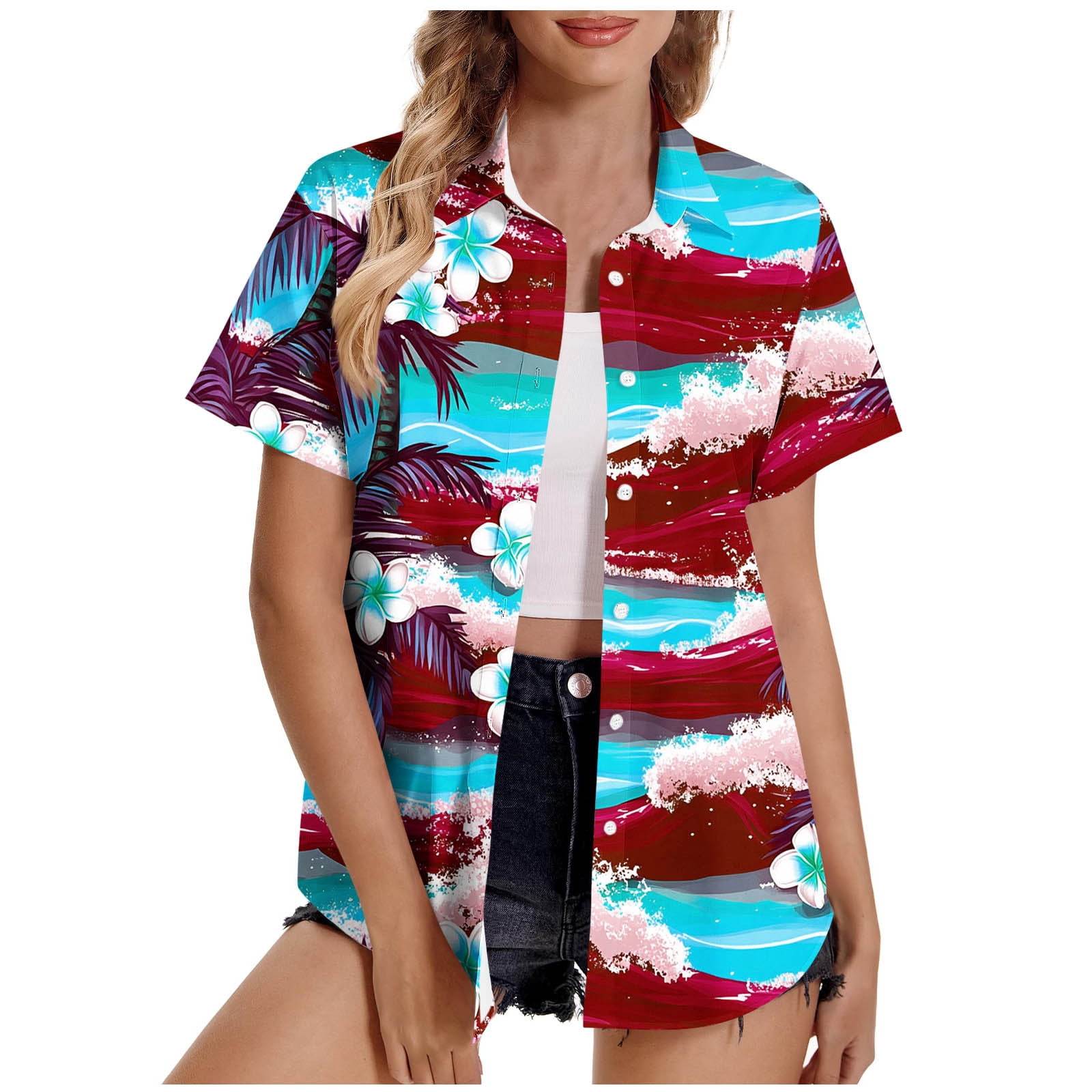 Charella Women's Hawaiian Button down Shirts Casual Floral Printed ...