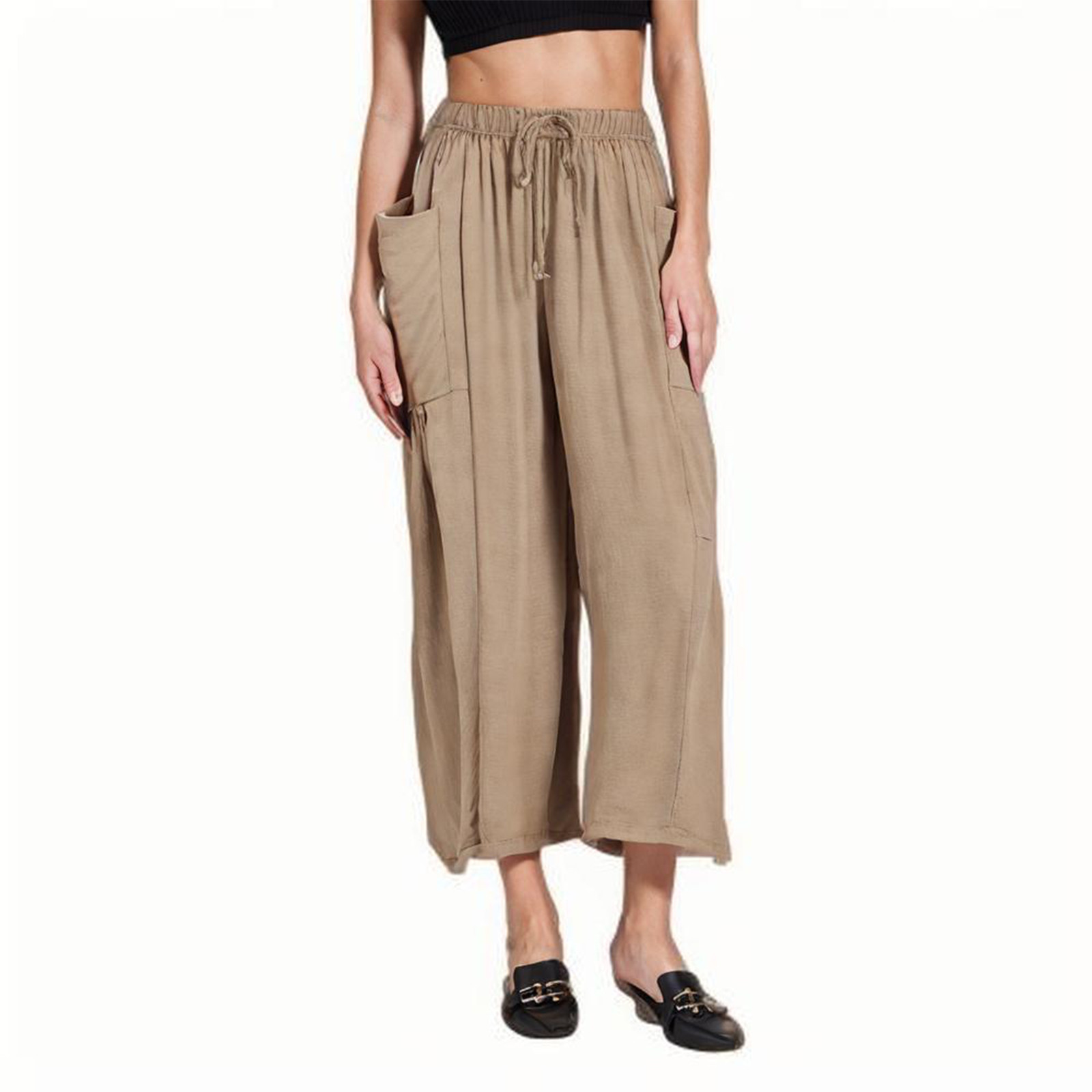 Charella Women's Linen Pants Elastic Waist Wide Leg Casual Loose ...