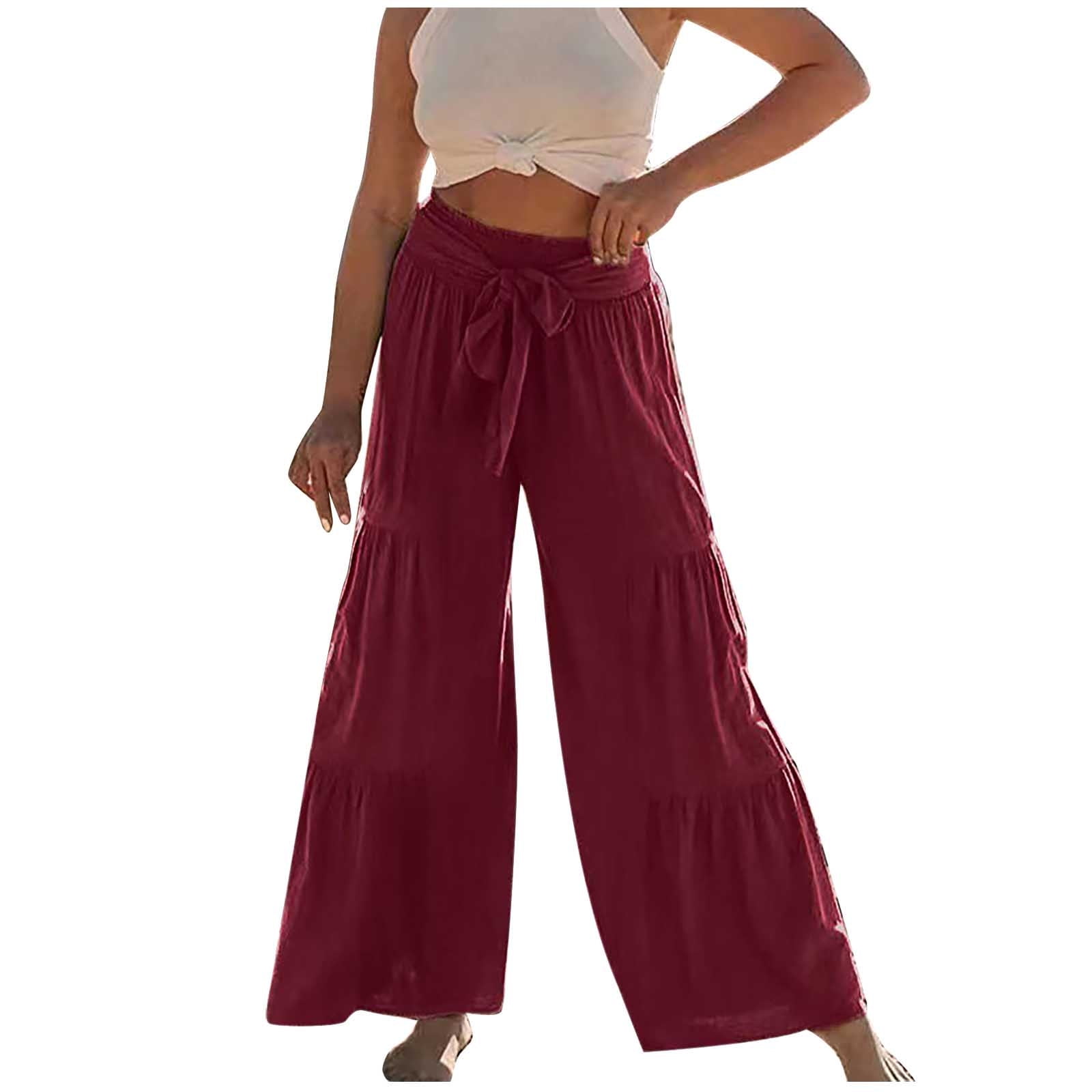 Charella Women's Linen Pants Pleated Wide Leg Tie Front Elastic Waist ...
