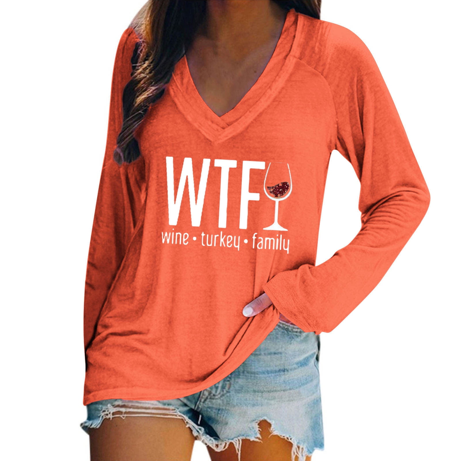 Charella Women's Oversized Long Sleeve T-Shirts Letter Print V Neck ...