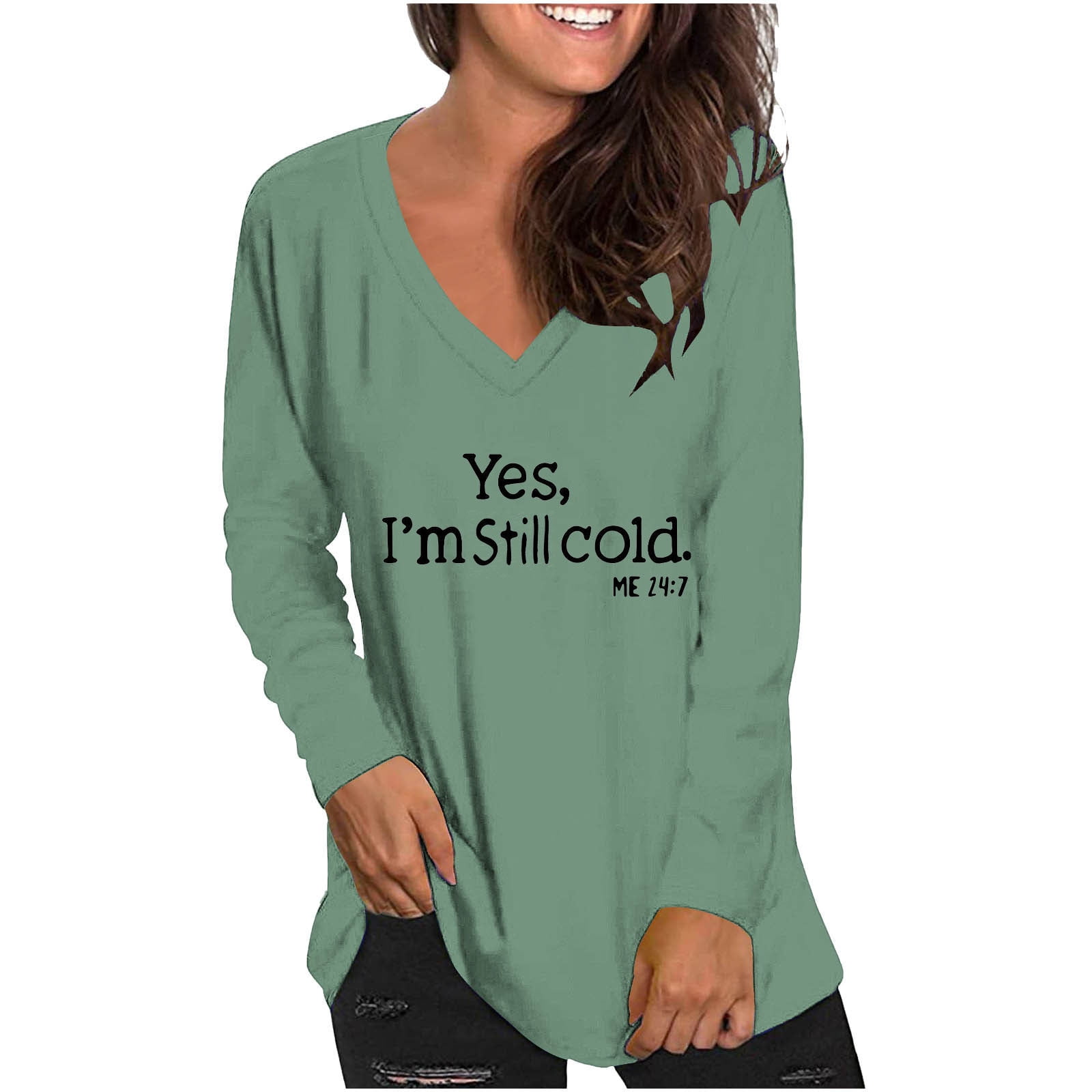 Charella Women's Oversized Long Sleeve T-Shirts Letter Print V Neck ...
