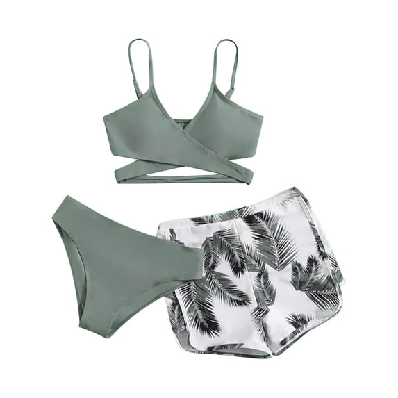 Charella Women's Solid Bikini Strap Deep V Split Swimsuit Set Three ...
