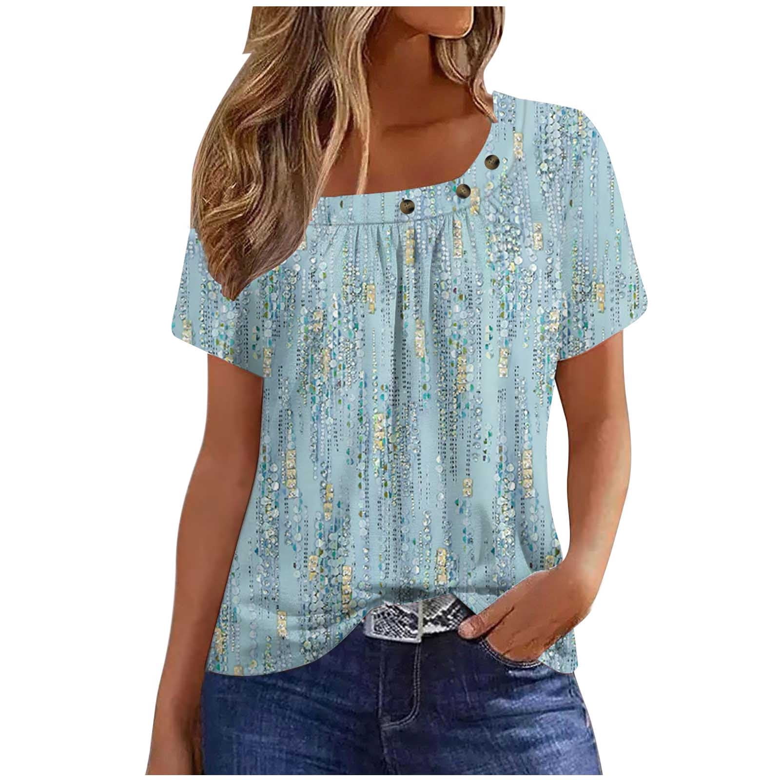 Charella Women's Summer Tops Square Neck Button Floral Printed Basic ...
