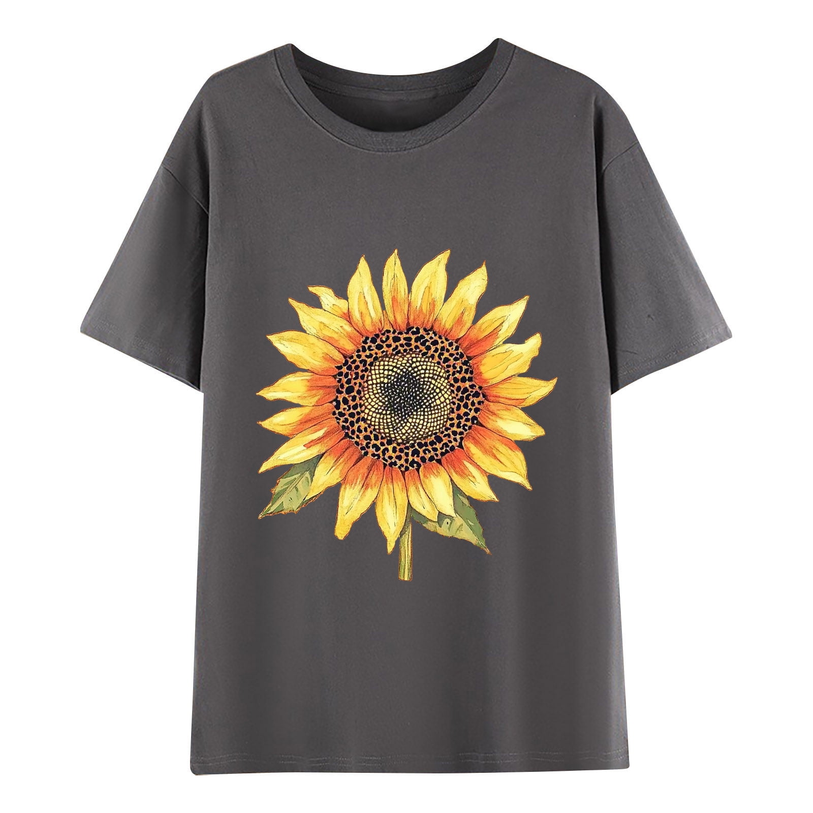 Charella Women's Summer Tops Sunflower Graphic Basic Tee Crew Neck ...