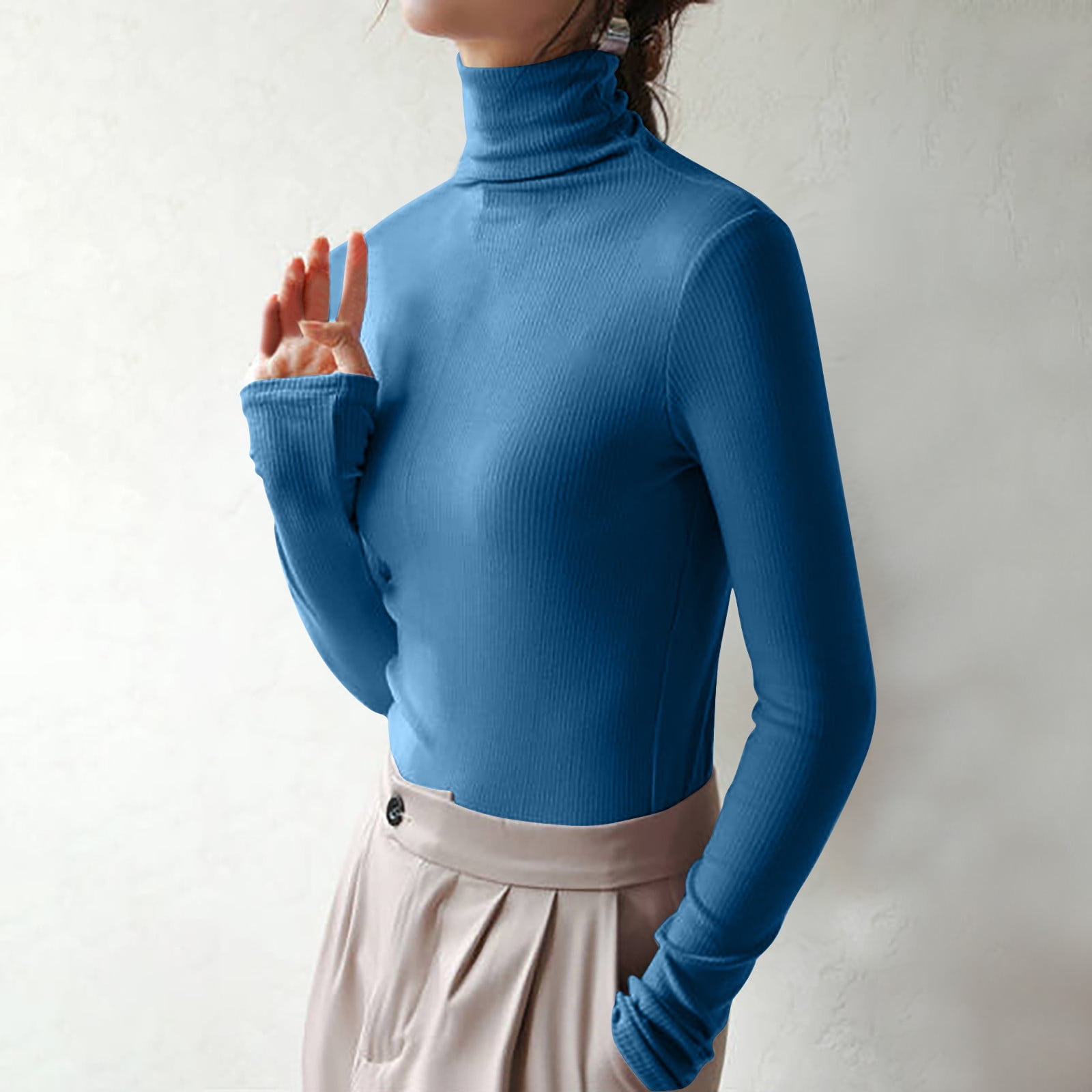 Charella Women's Turtleneck Knitted Basic Shirt Casual Long Sleeve Slim ...