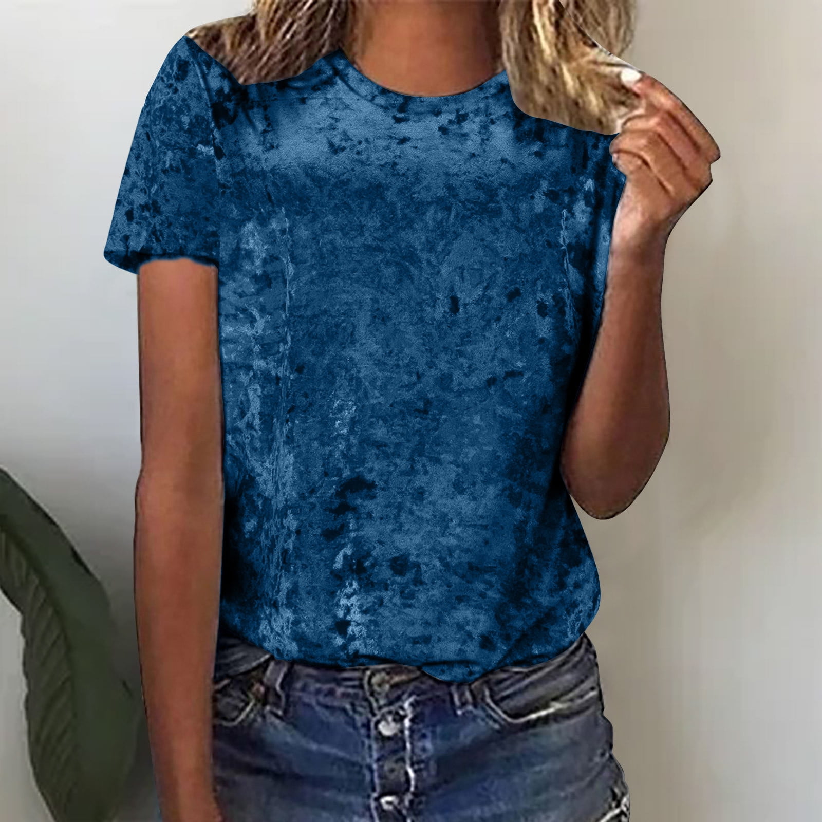 Charella Women's Vintage Velvet T-Shirt Casual Short Sleeve Tops Blue,8 ...