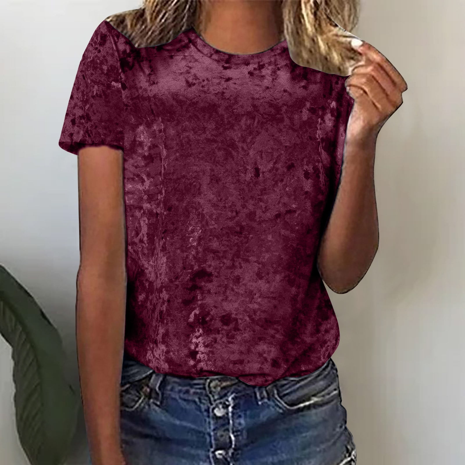 Charella Women's Vintage Velvet T-Shirt Casual Short Sleeve Tops Wine,4 ...