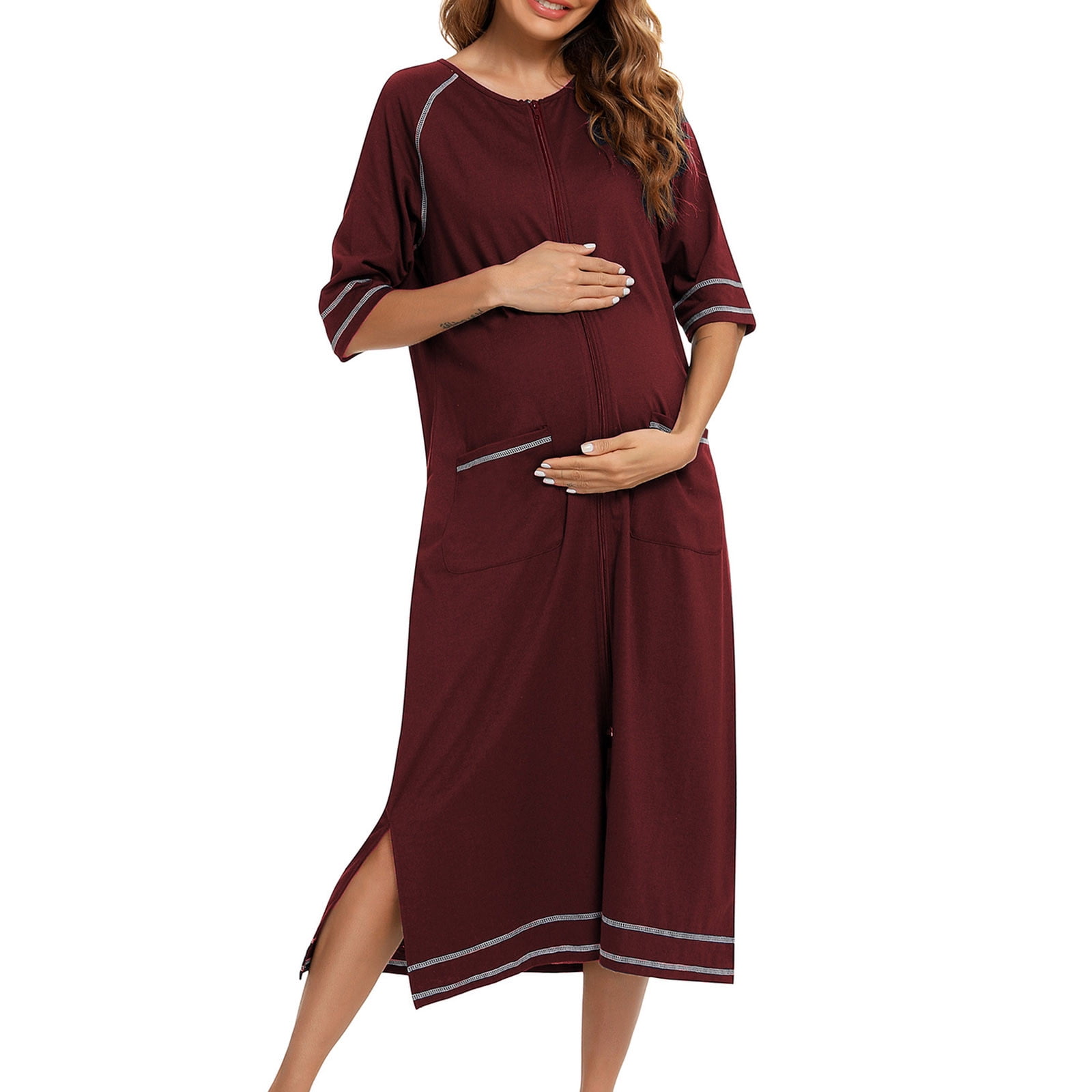 Charella Women's Zipper Front Long Sleep dress Nightgowns Wine,XL ...