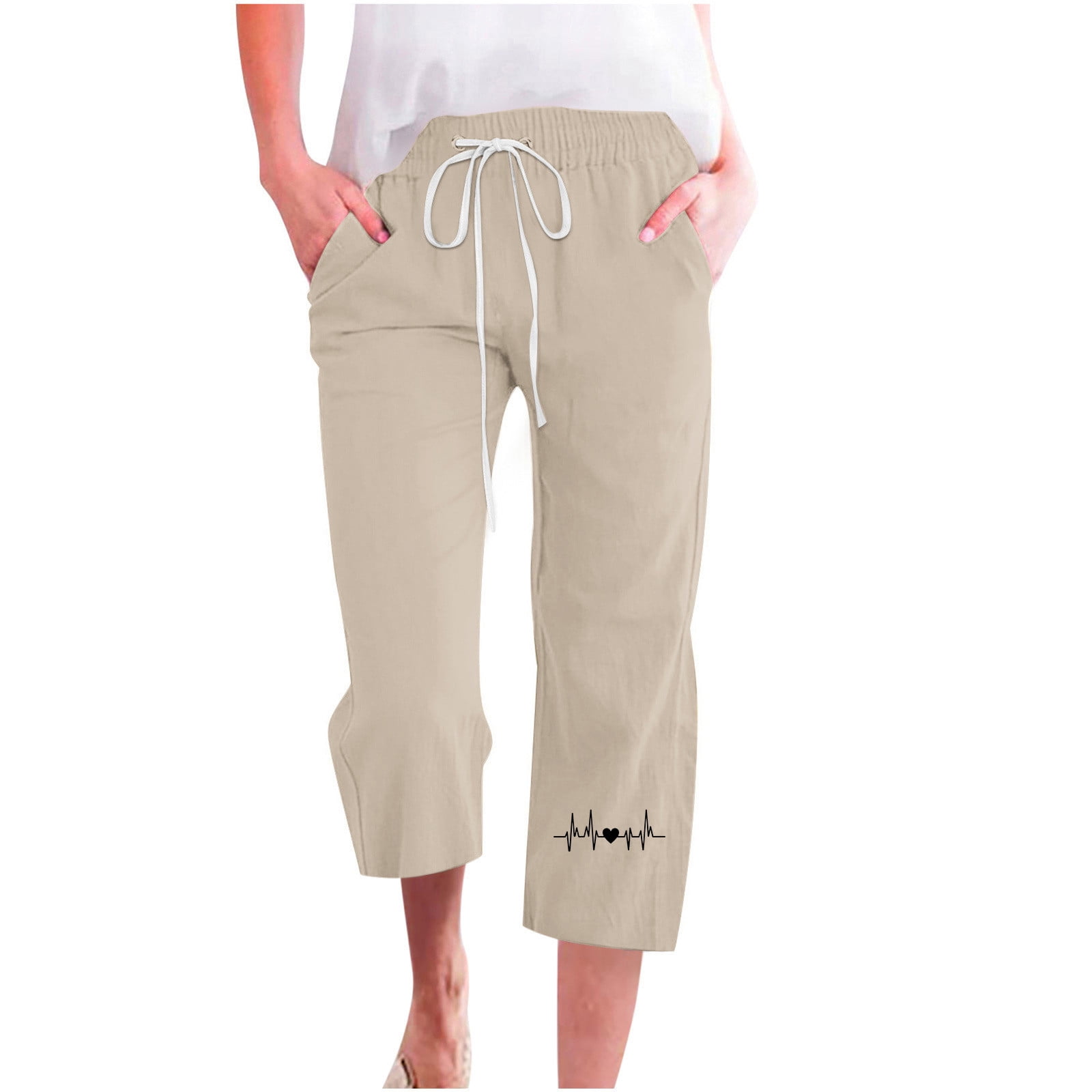 Charella Womens Casual Linen Pants Straight Leg Capris Drawstring ...
