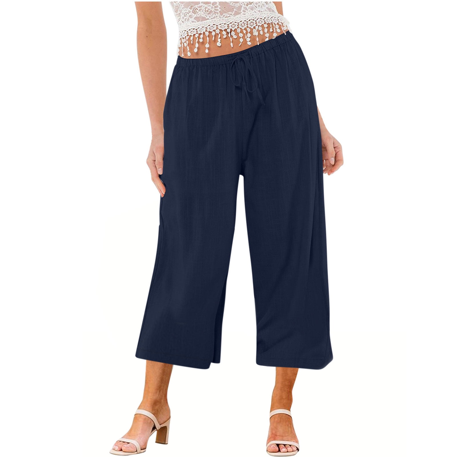 Charella Womens Linen Cropped Pants Wide Leg Drawstring Elastic Waist ...