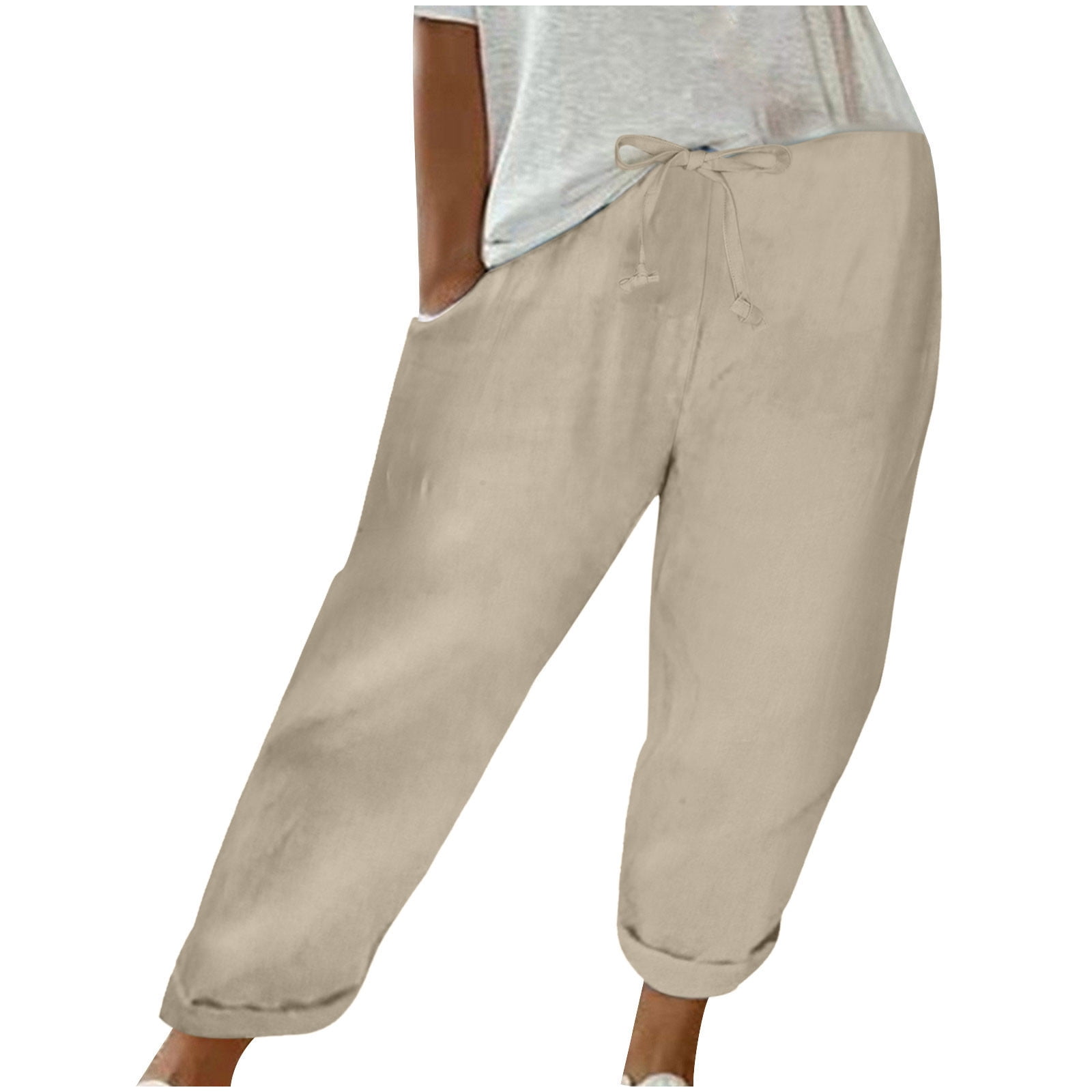 Charella Womens Linen Pants Straight Leg Drawstring Elastic Waist ...