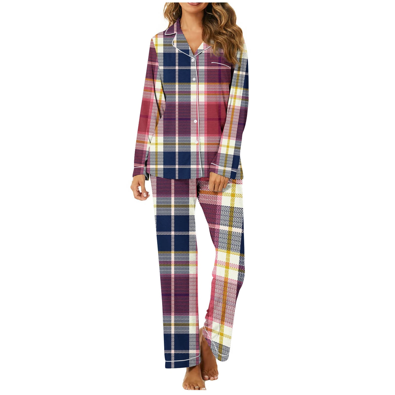 Charella Womens Pajamas Set Button Front Plaid Shirt and Pant Set ...