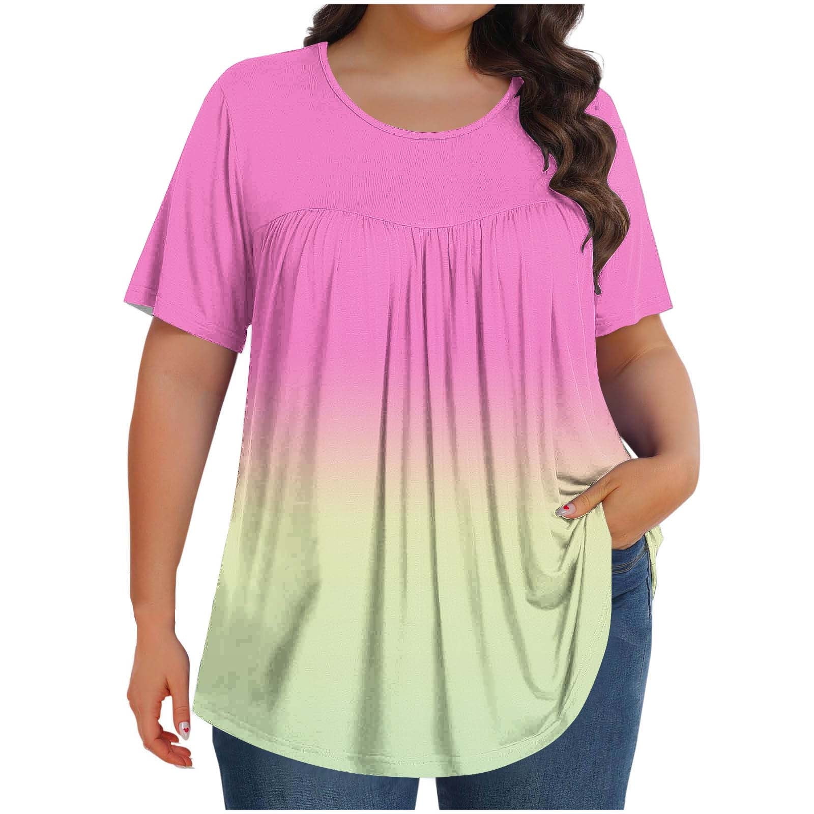 Charella Womens Summer Plus Size Tops Crew Neck Pleated Flowy Basic Tee ...