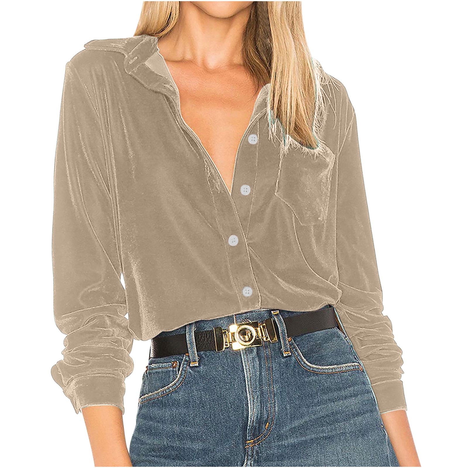 Charella Womens Velvet Button Down Shirts Long Sleeve Blouses Tops ...