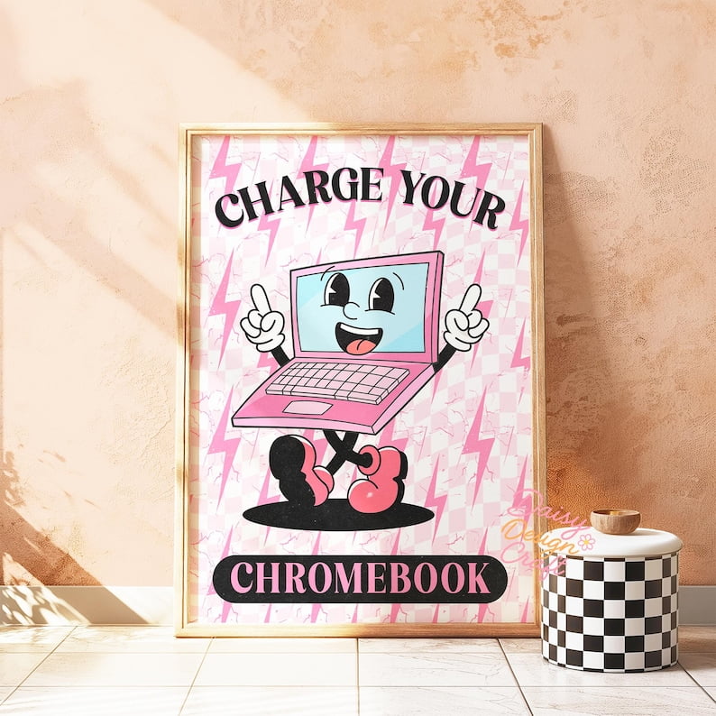 Charge Your Chroombook Retro Classroom Poster, Preppy Wall Art, Groovy ...