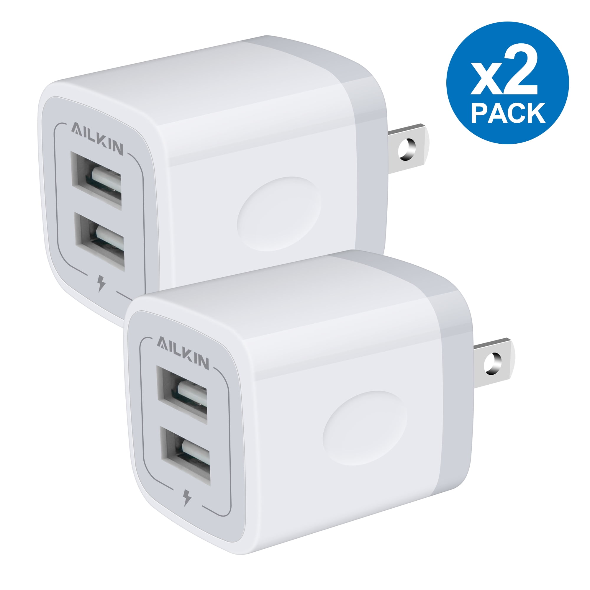 AILKIN 2-Pack USB Wall Charger Block, Dual Port 2.1A Fast Charging ...