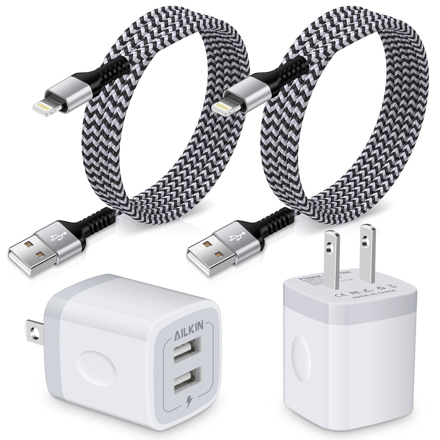 AILKIN 2PACK iPhone Charger, 2.1A Dual Port, 2Pack 6ft Lightning Cables ...