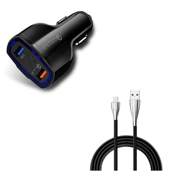 Charger Cord Type-C 6ft USB Cable w 3-Port USB 48W Quick Car Charger ...