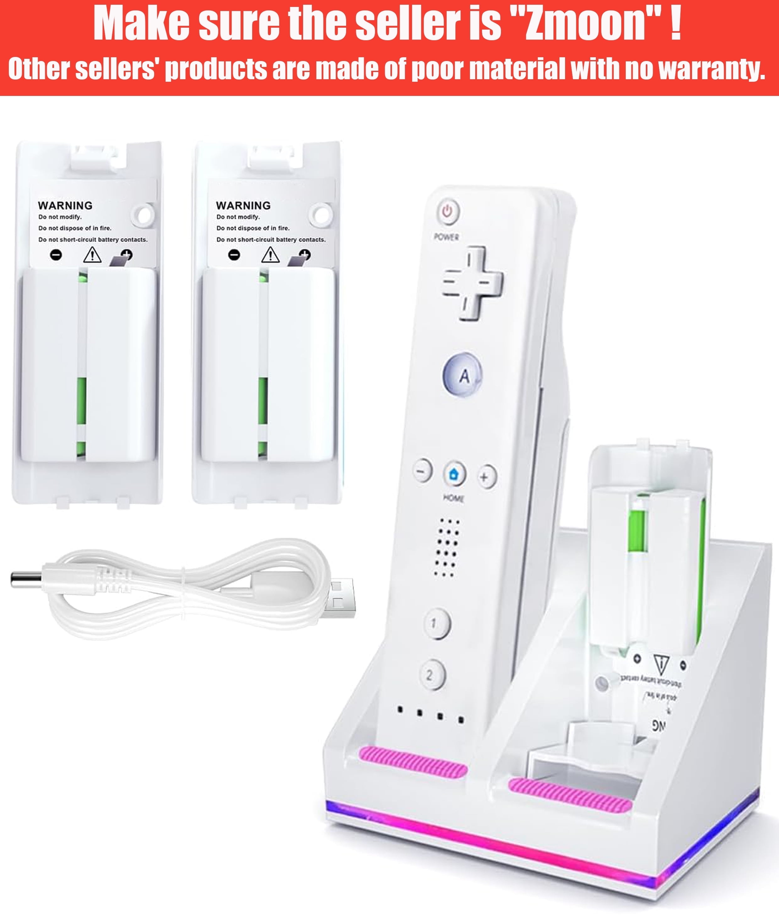 ZMoon Nintendo Wii Remote Charger Dock with USB, 2x 2800mAh ...