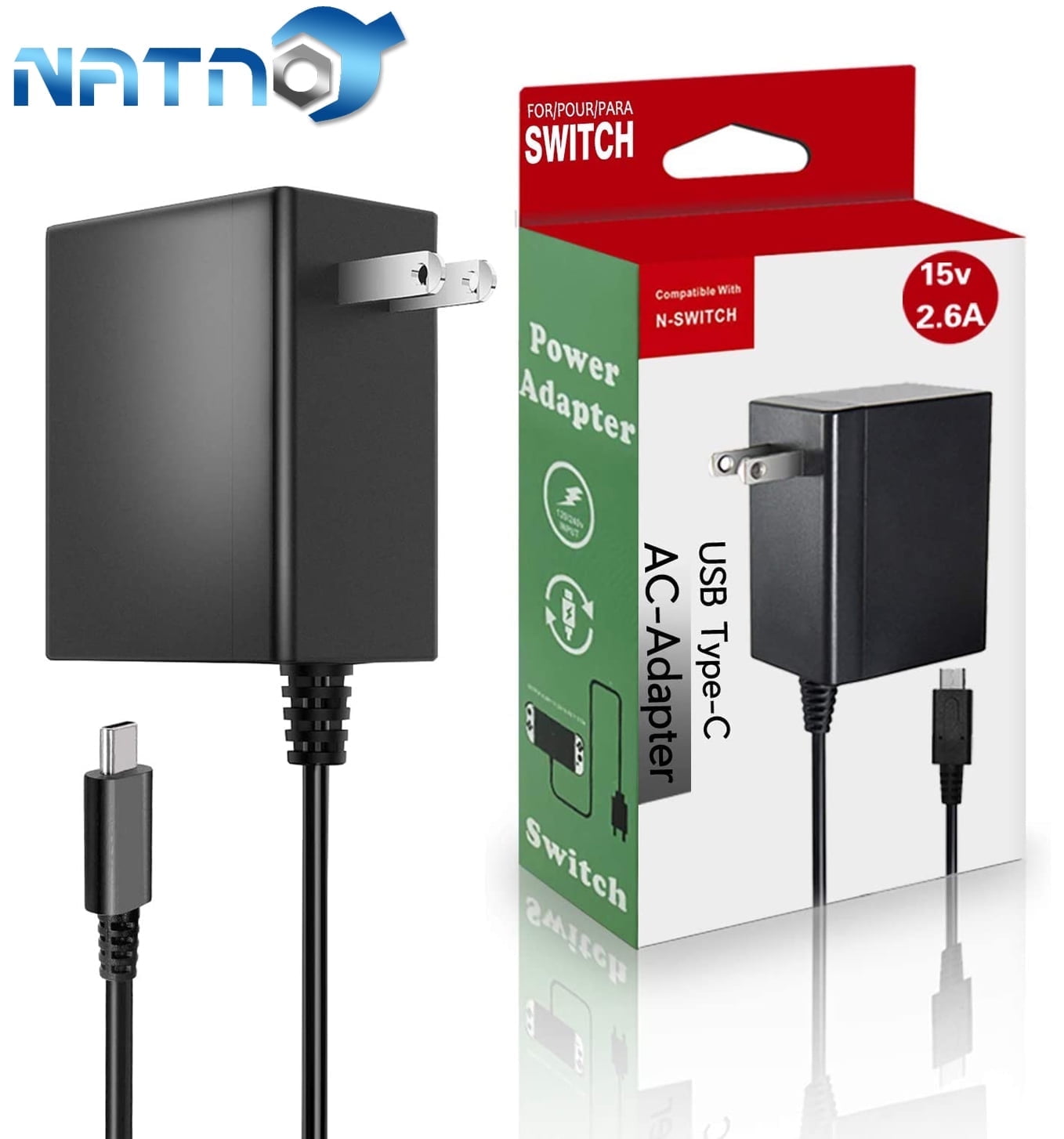 NATNO Charger for Nintendo Switch, AC Adapter, 5FT USB-C Cable, 15V/2 ...