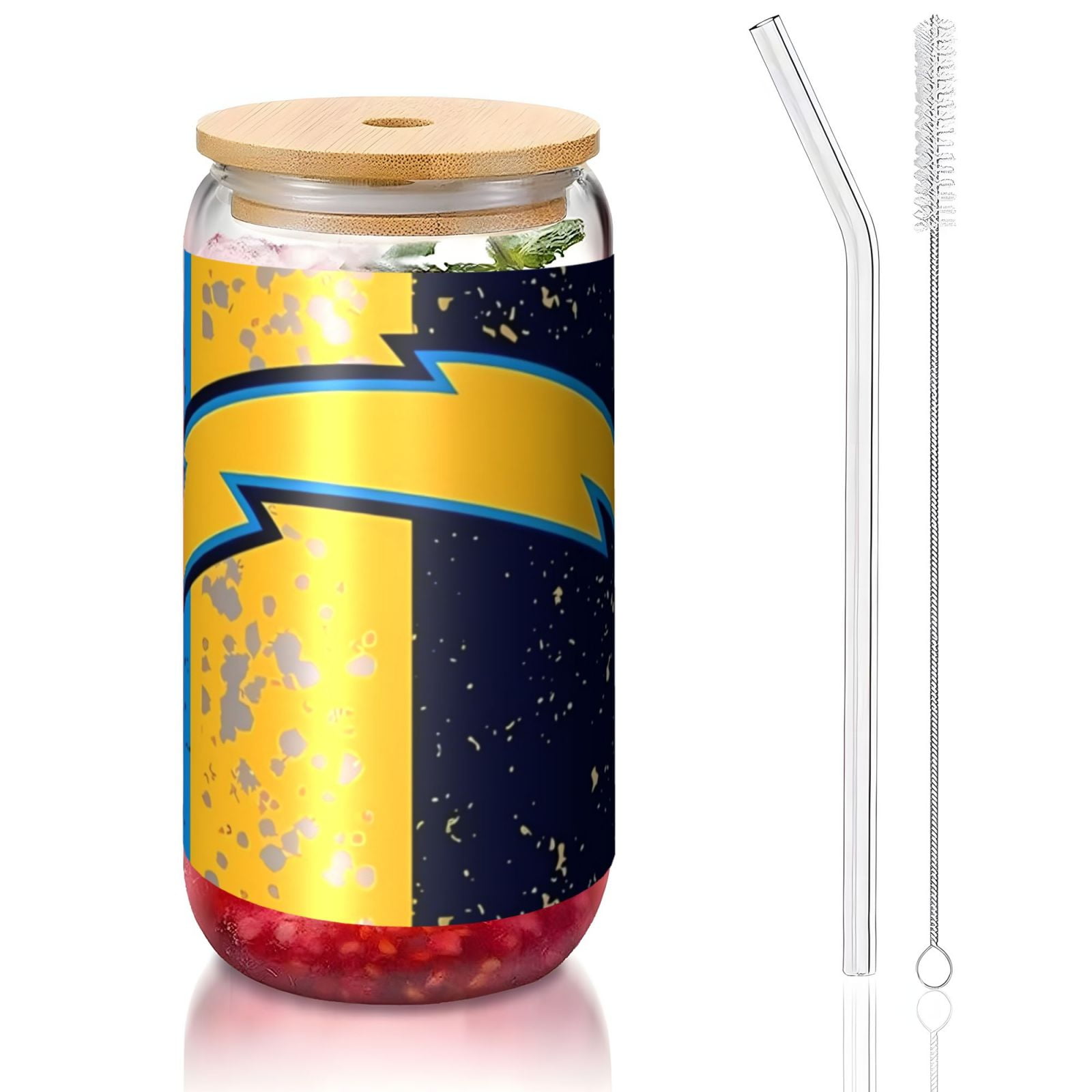 Chargers 16OZ Bamboo Lid Straw Glass Cup With Crystal Sticker Team Logo ...
