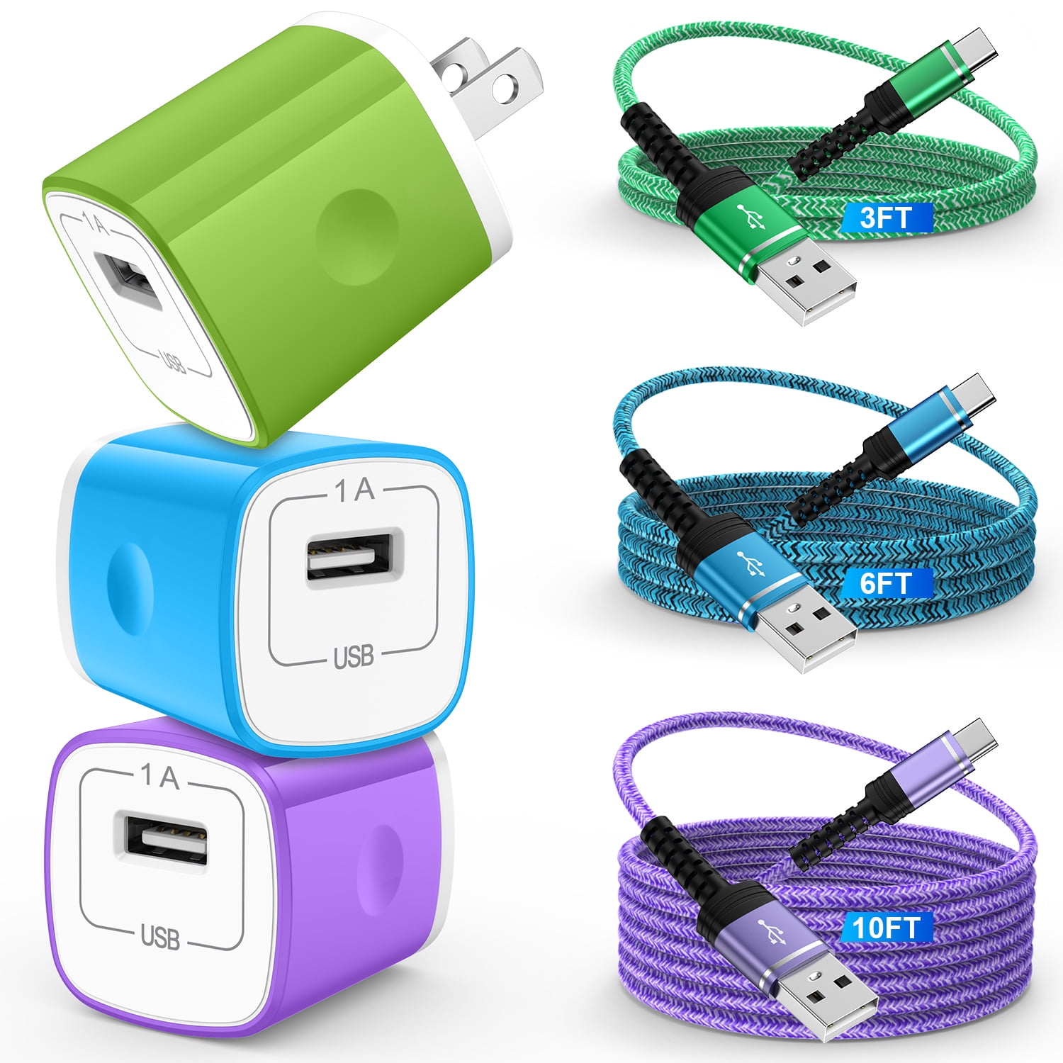Charging Block,Type C Charger Cable 3ft 6ft 10ft 3Pack USB Wall Charger ...