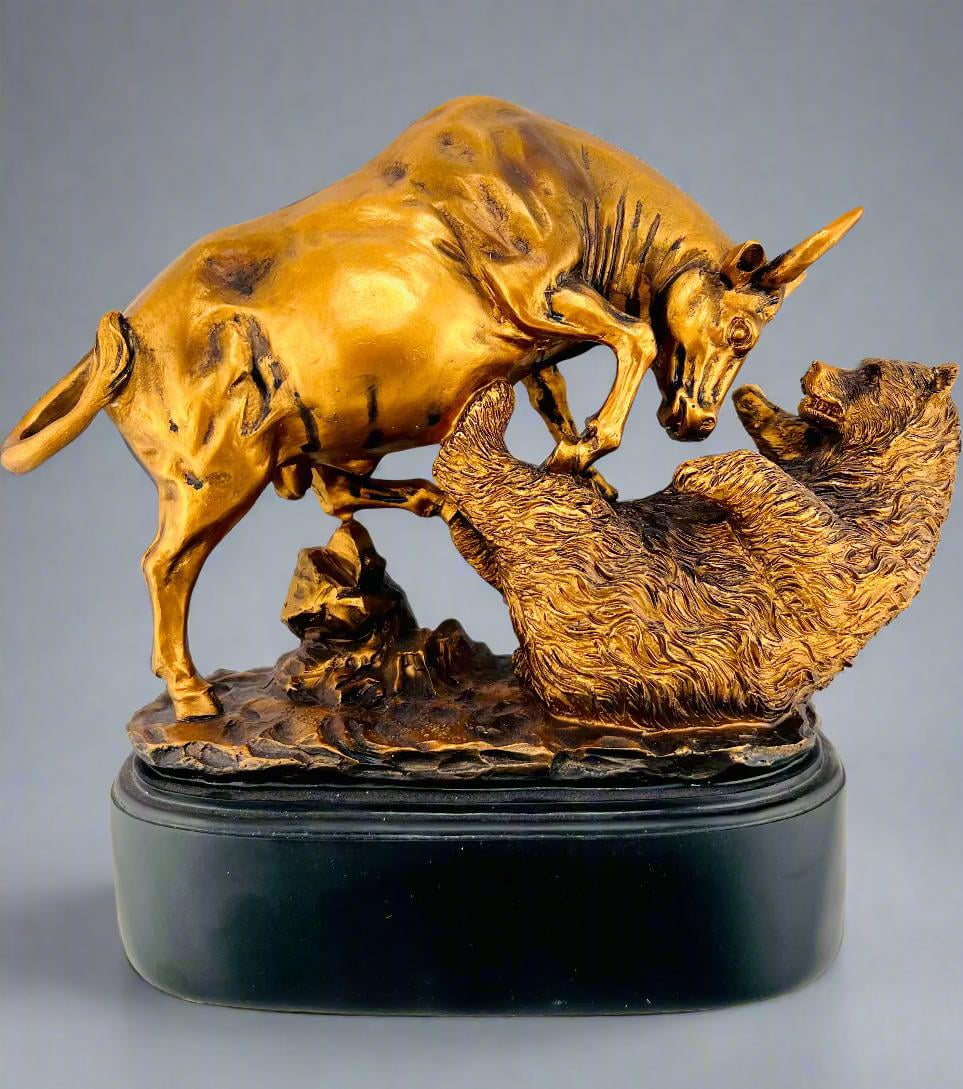 Charging Bull Defeating Bear Statue 15” Large Golden Finish Stock ...