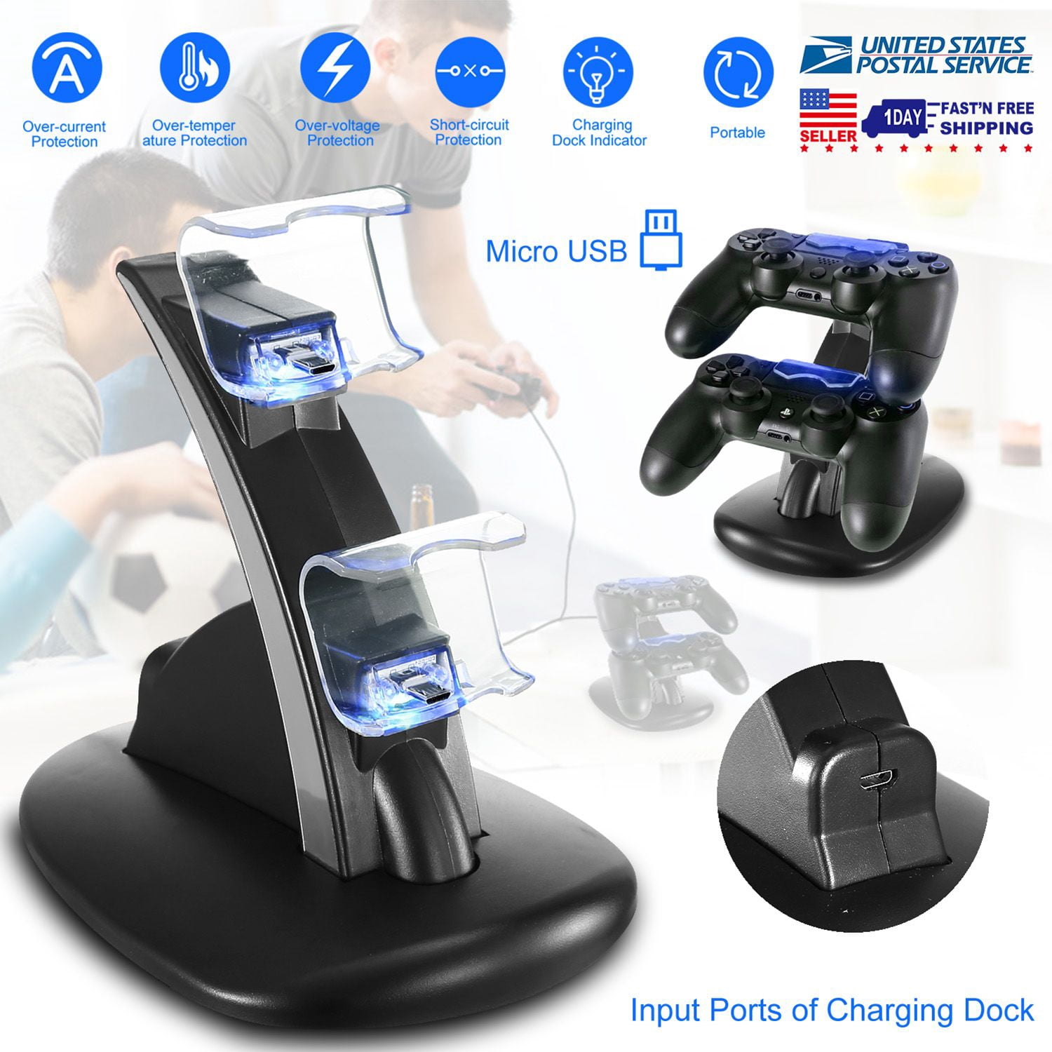 Charging Dock Station Dual Micro USB Charger Stand For PS4 Pro/PS4 Slim ...