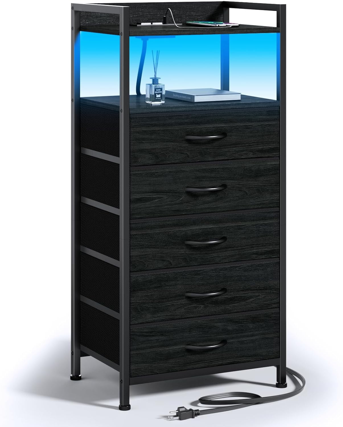 Charging Station, Black Nightstand with Drawers and Led Light, Tall ...