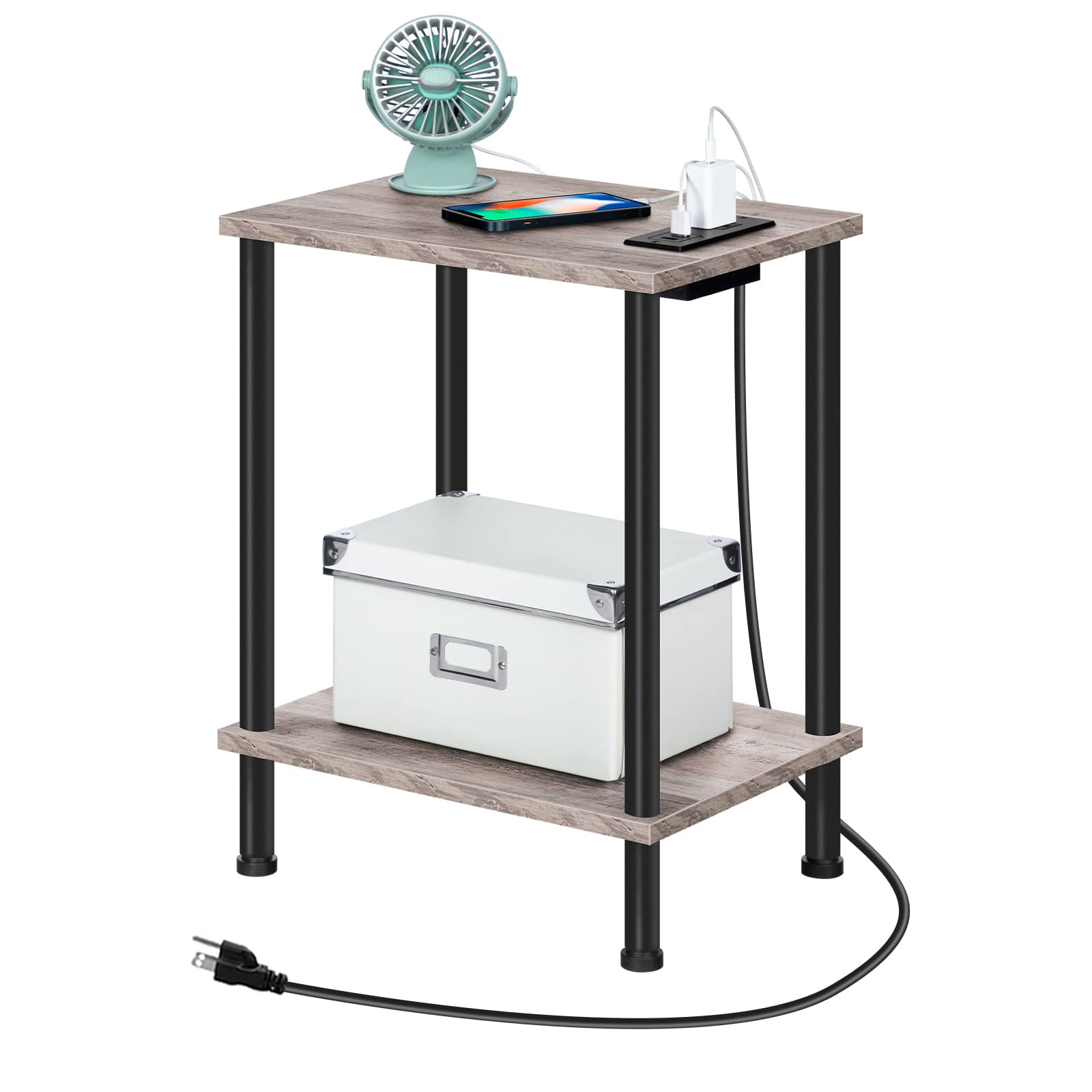 Charging Station Side Table with USB Ports and Outlet, 2-Tier End Table ...