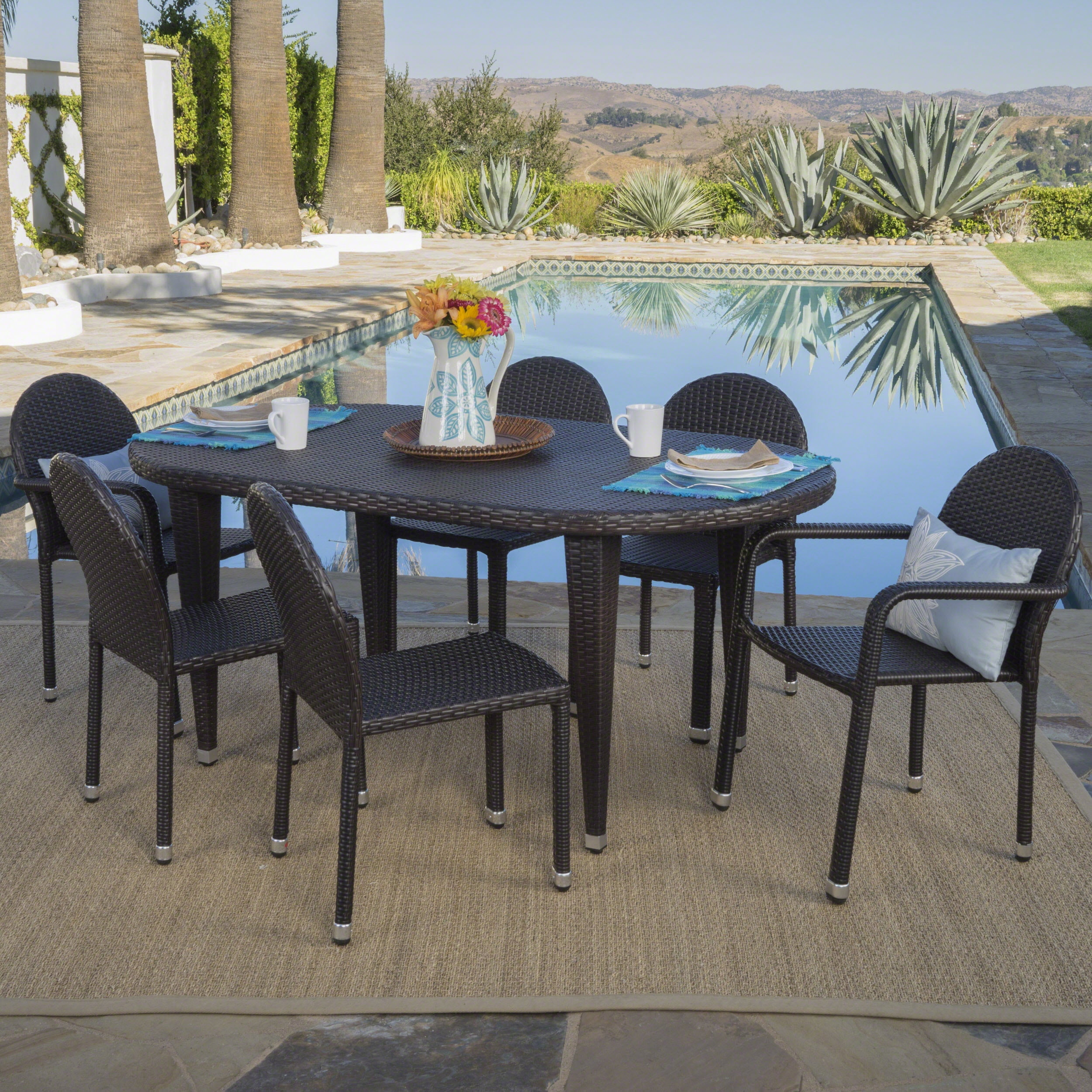 CharleeOutdoor 7 Piece Wicker Dining Set with Aluminum Framed Stacking ...
