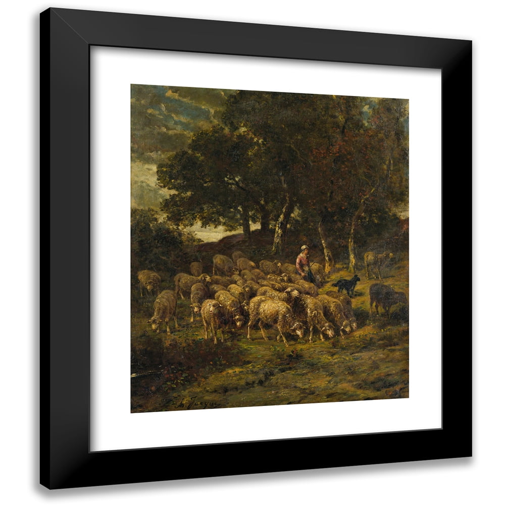 Charles Emile Jacque 12x14 Black Modern Framed Museum Art Print Titled - Shepherdess and Her ...