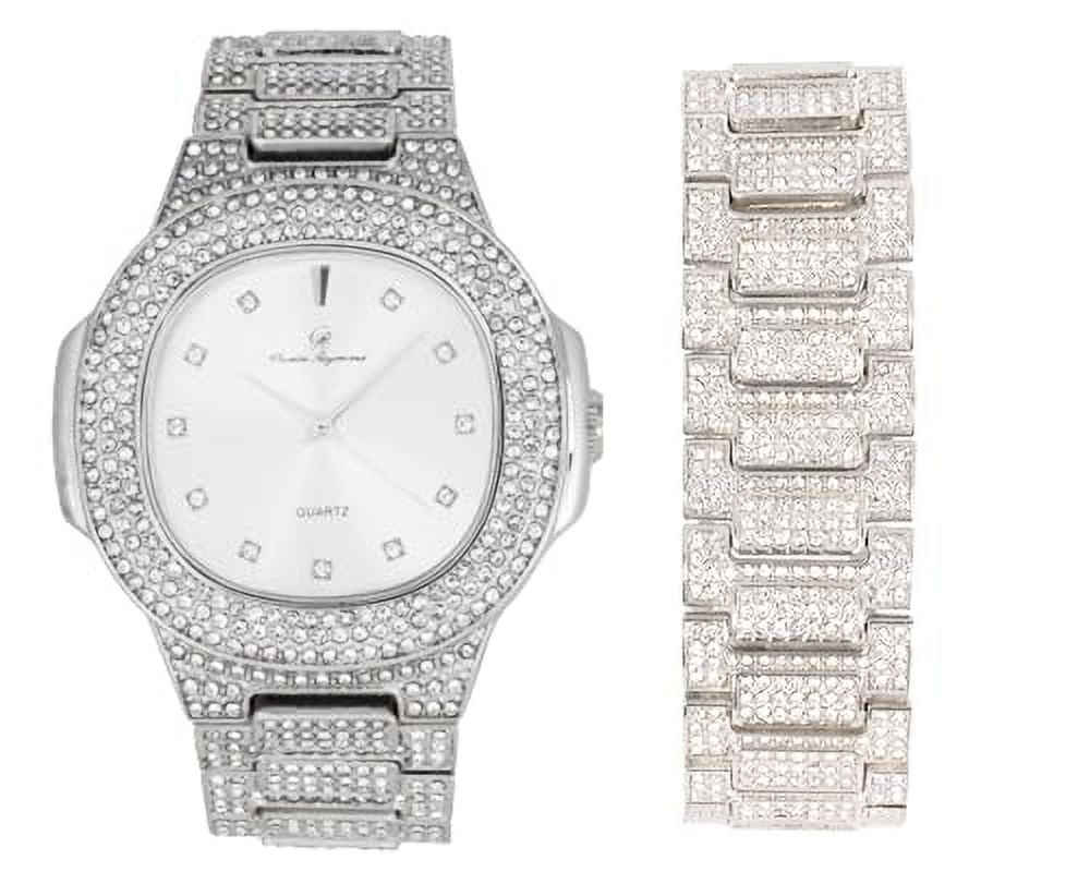 Charles Raymond Blinged Out Oblong Case Metal Mens Watch w/Matching ...