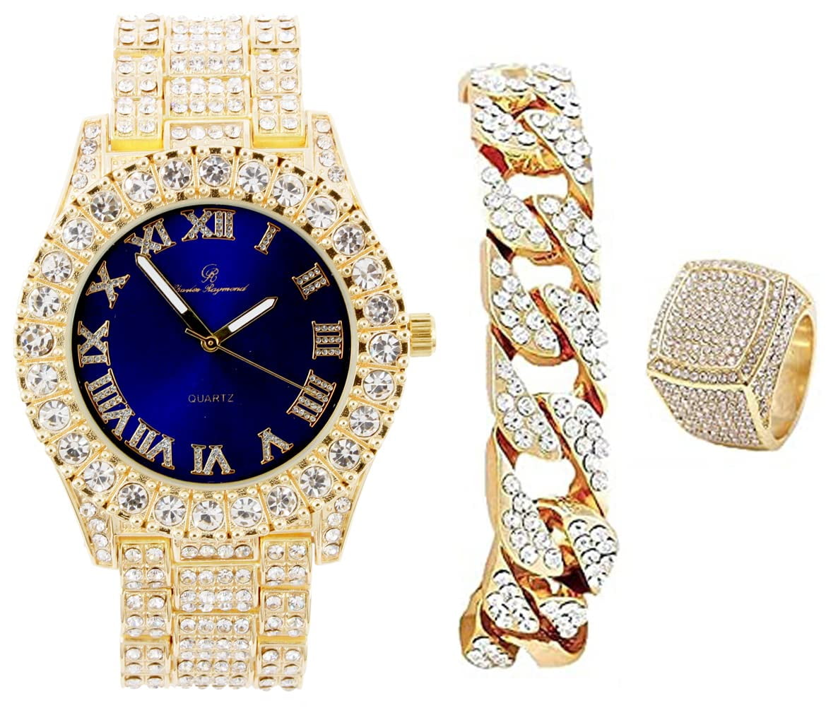 Charles Raymond Mens Gold Big Rocks Bezel Blood Red Dial with Roman ...