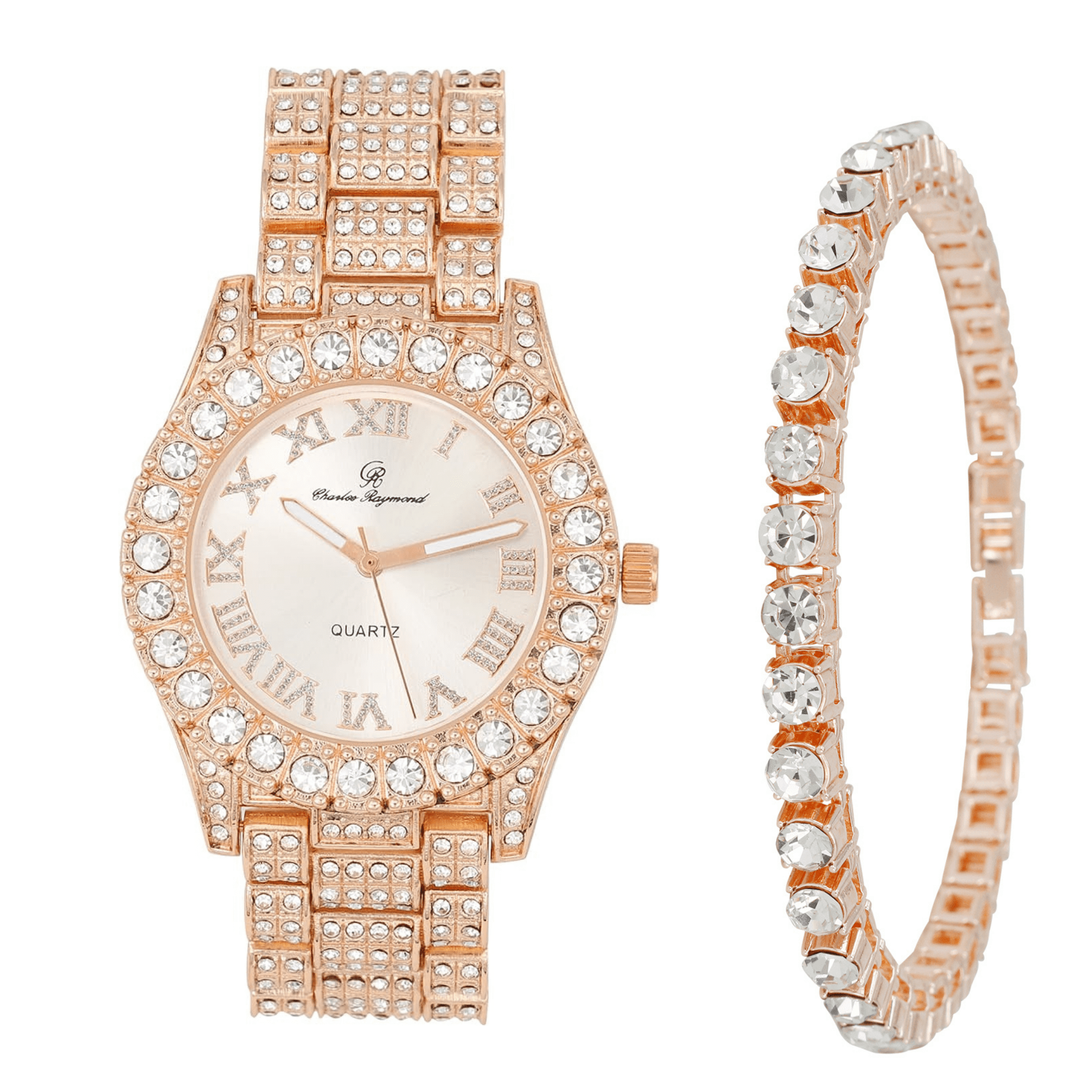 Charles Raymond Women's Big Rocks Bezel Colored Dial with Roman Numerals Fully Iced Out Watch ...