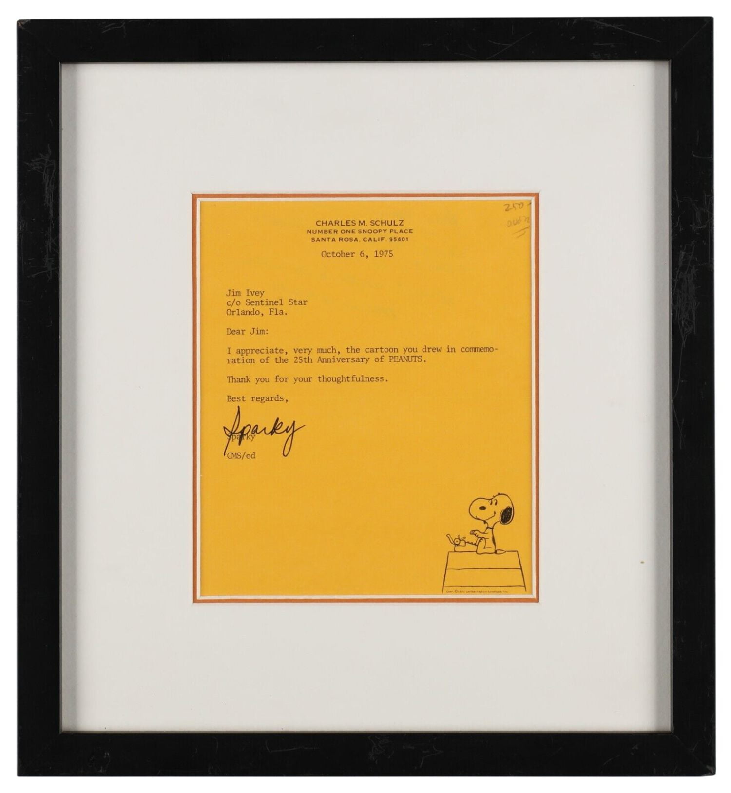 Charles Schulz Peanuts Signed "Sparky" Framed Letter Beckett COA Snoopy ...