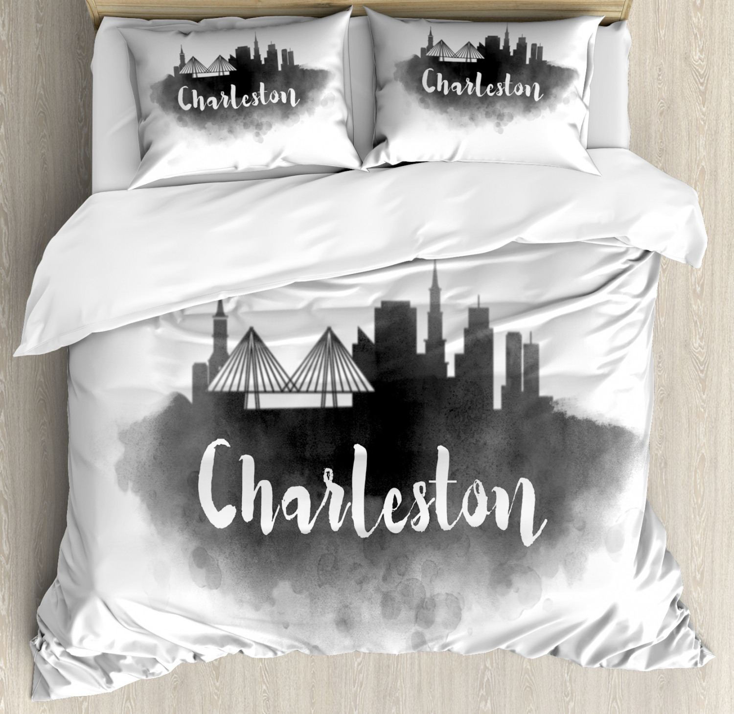 Charleston Duvet Cover Set Queen Size, Smoky Style City Skyline ...