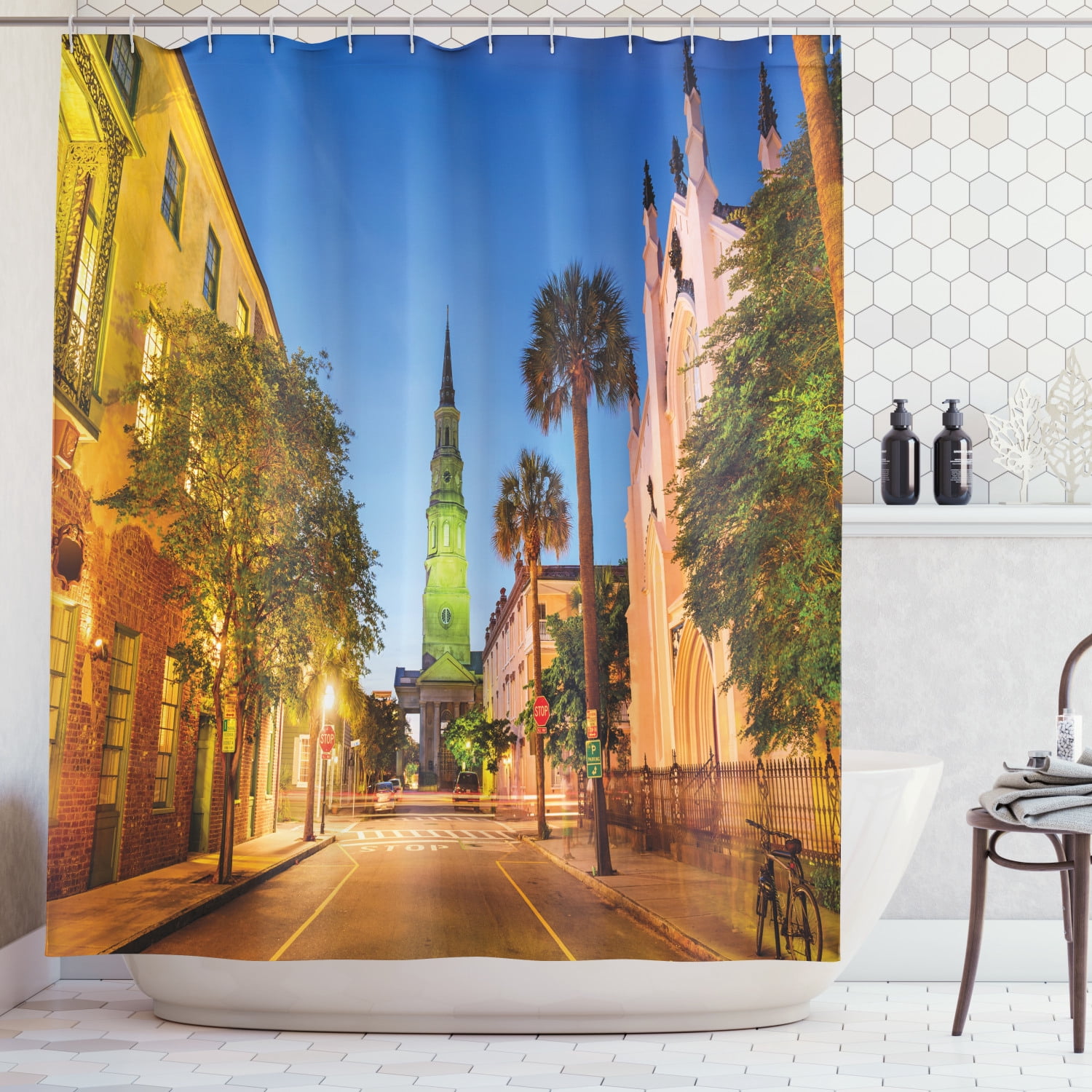 Charleston Shower Curtain, South Carolina Street at Sunset Urban Scenes ...