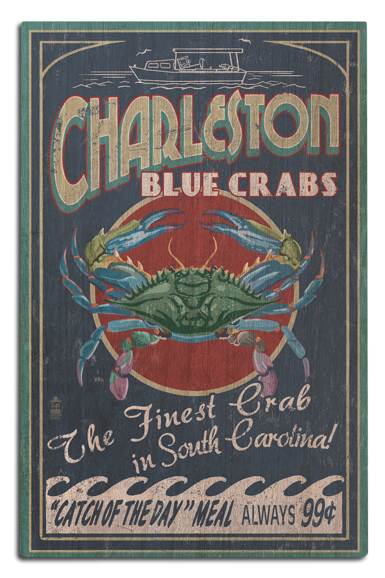 Charleston, South Carolina, Blue Crabs Vintage Sign Birch Wood Wall ...