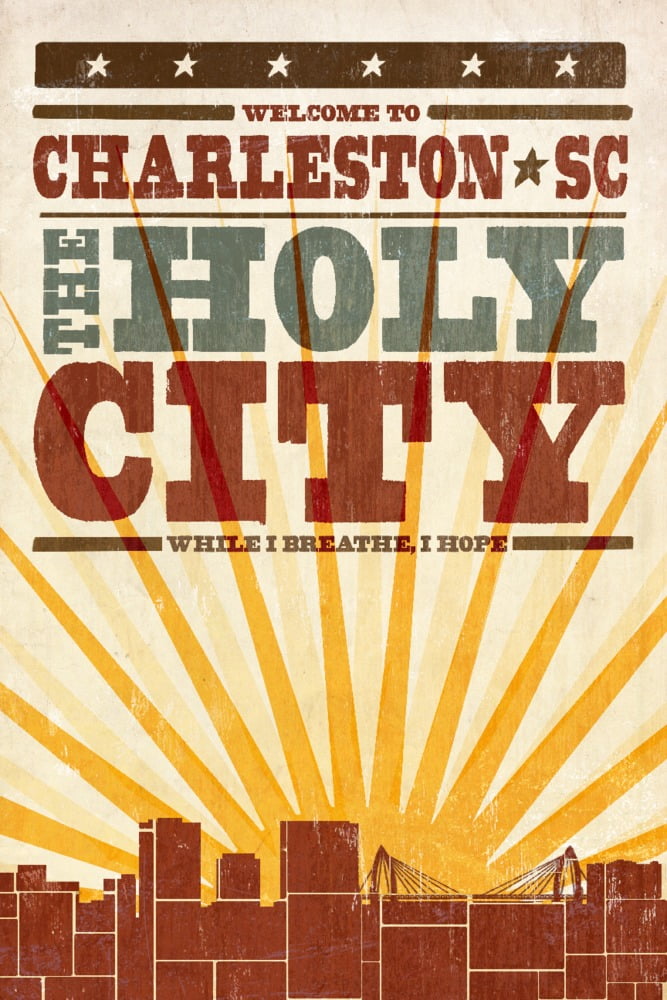 Charleston, South Carolina, Skyline and Sunburst Screenprint Style ...