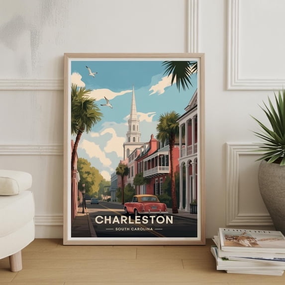 Charleston Travel Poster, Vintage Rainbow Row Wall Art , Poster Print ...