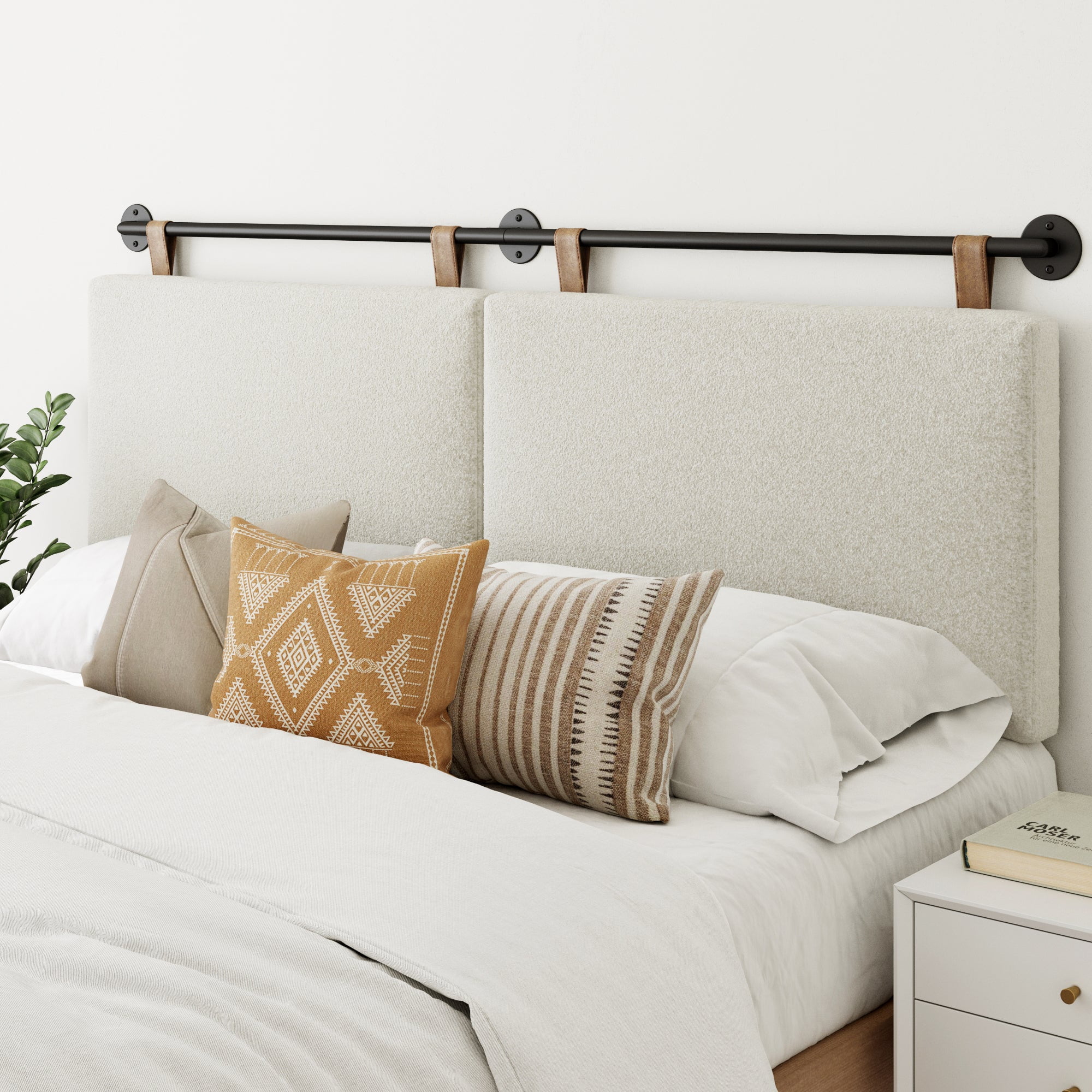 Charlie Queen Size Wall Mount Headboard Boucle Upholstered Padded Headboard Adjustable Height Brown Leather Straps with Black Matte Metal Rail