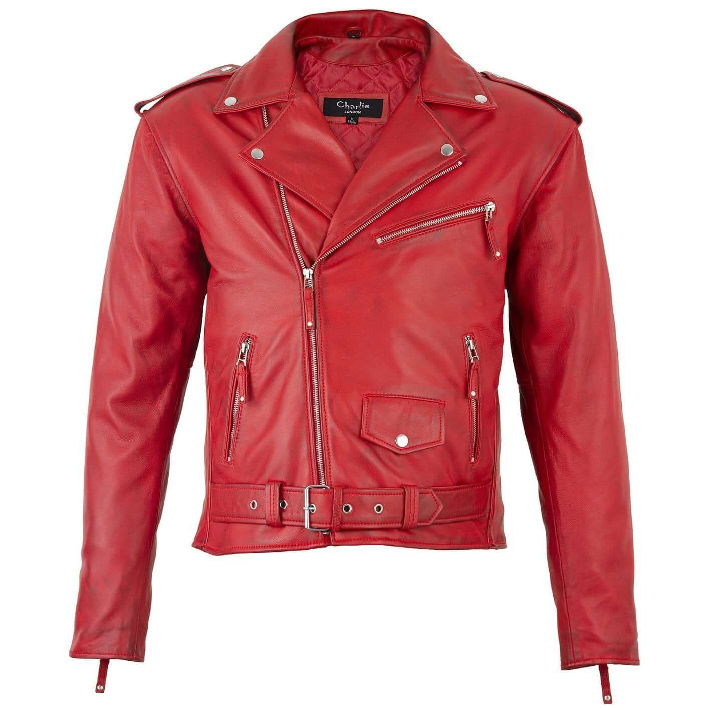 Charlie London Men's Belted Cross Zip Brando Biker Red Leather Jacket ...