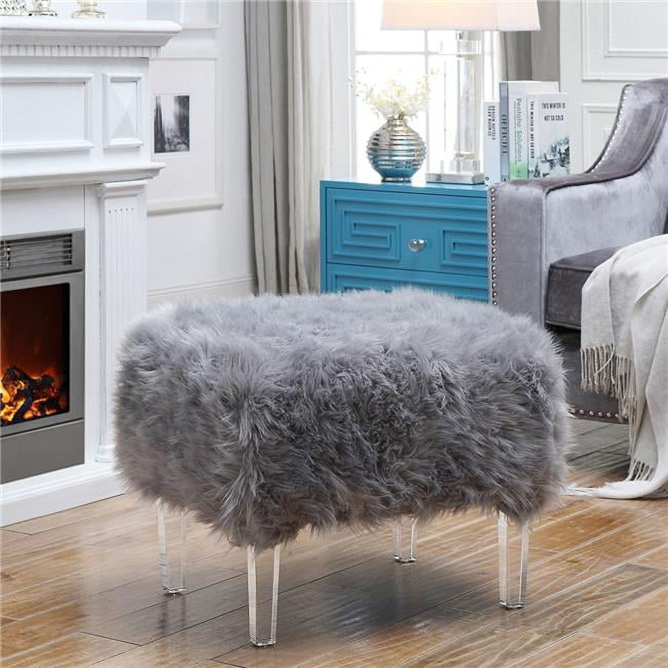 Posh Living Charlie Modern Faux Fur Fabric Ottoman with Acrylic Legs in ...