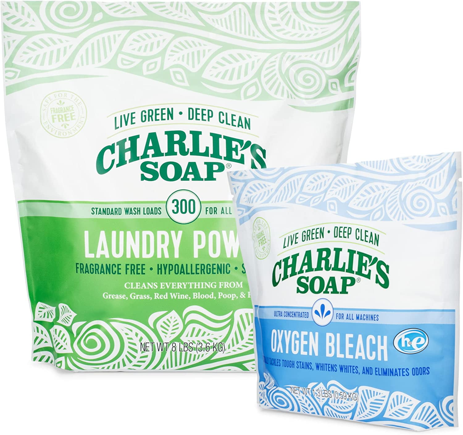 Charlie’S Soap Laundry Powder (300 Loads, 8 Lb) And Oxygen Bleach (40 ...