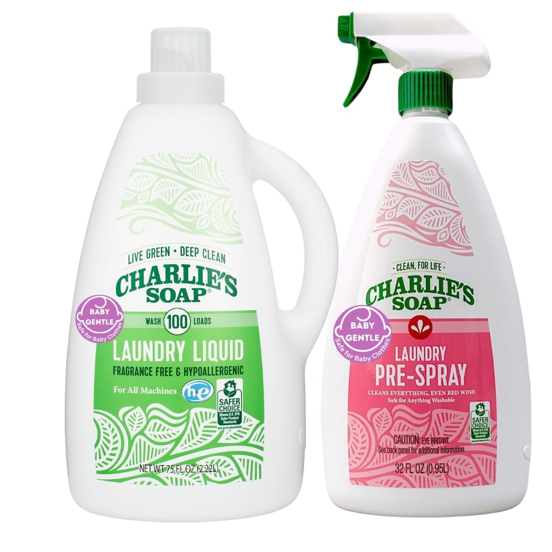 Charlie’s Soap Baby Variety Pack Pre Spray 32 Oz, Laundry Liquid (100 ...